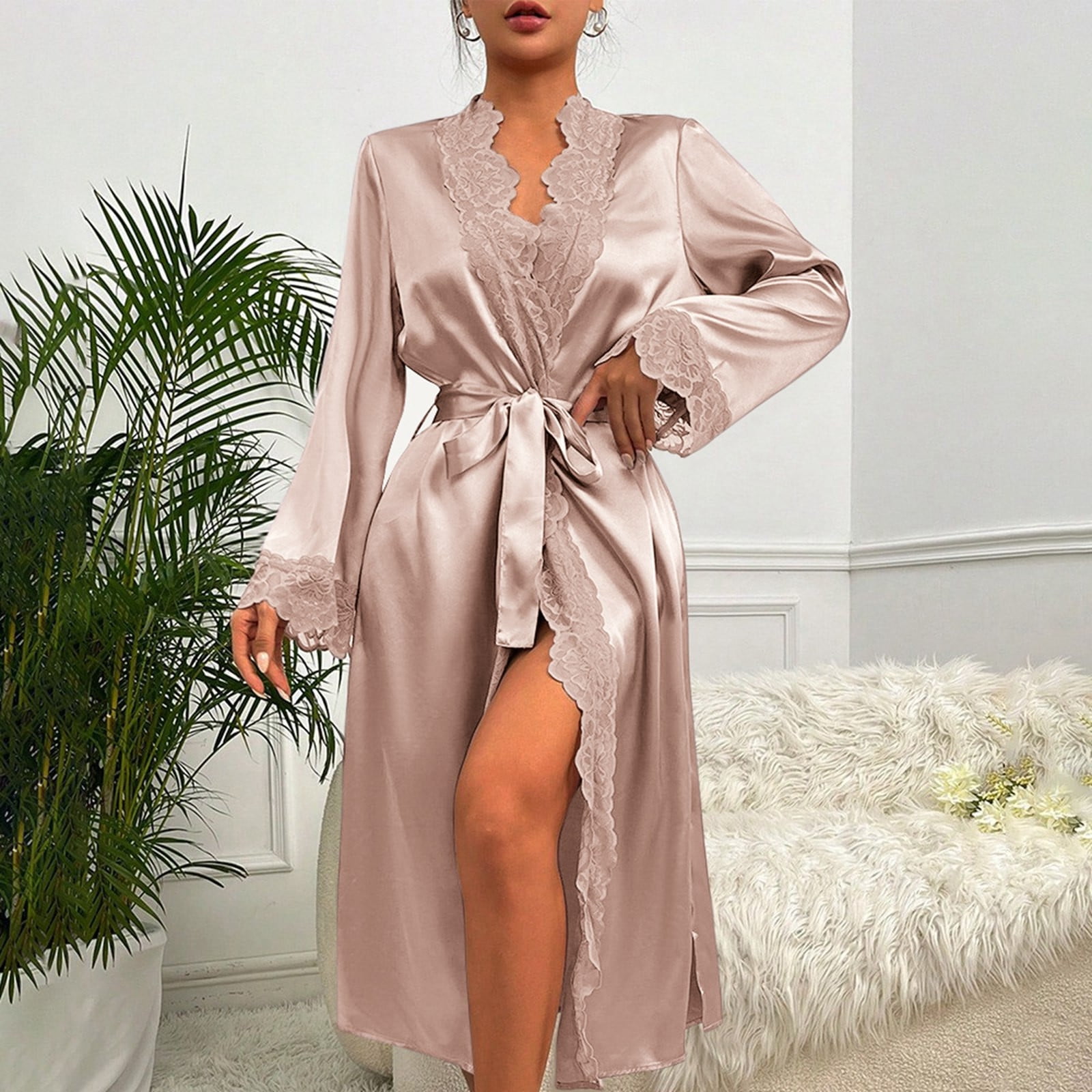 Elegant Kimono Robe Featuring Delicate Lace Trim And Flowy Sleeves For ...