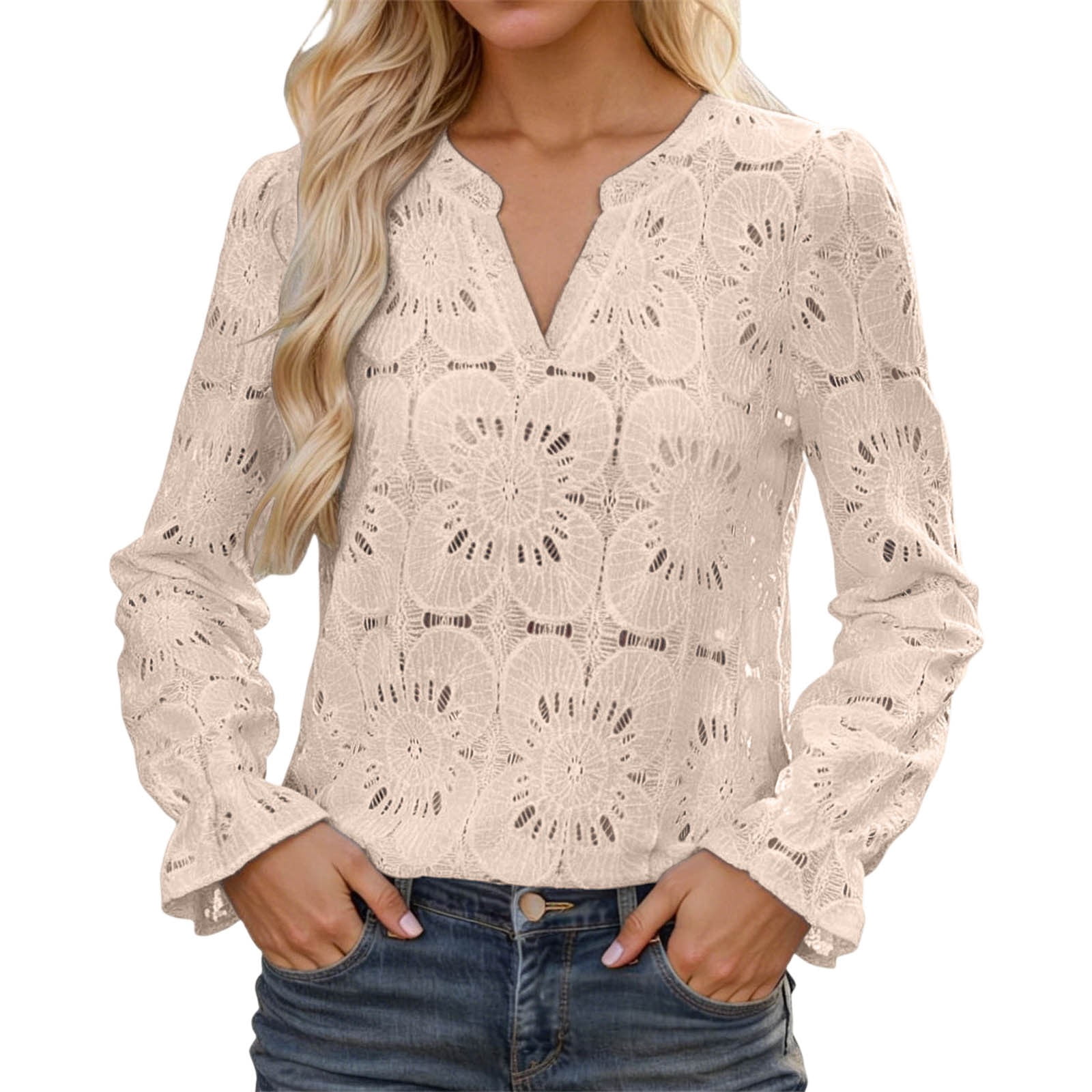 Elegant Knit Lace Embroidered Lightweight Long Sleeve Blouse For Women ...