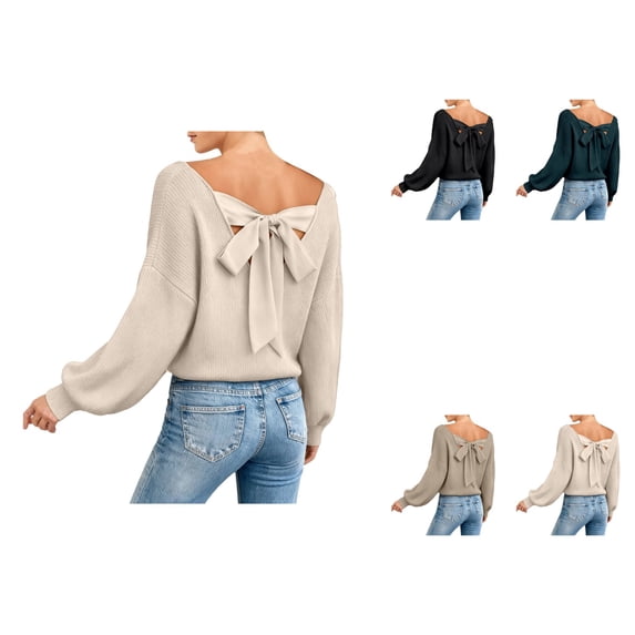 Elegant Knit Pullover Sweater Soft Casual Long Sleeve Top With Bow ...