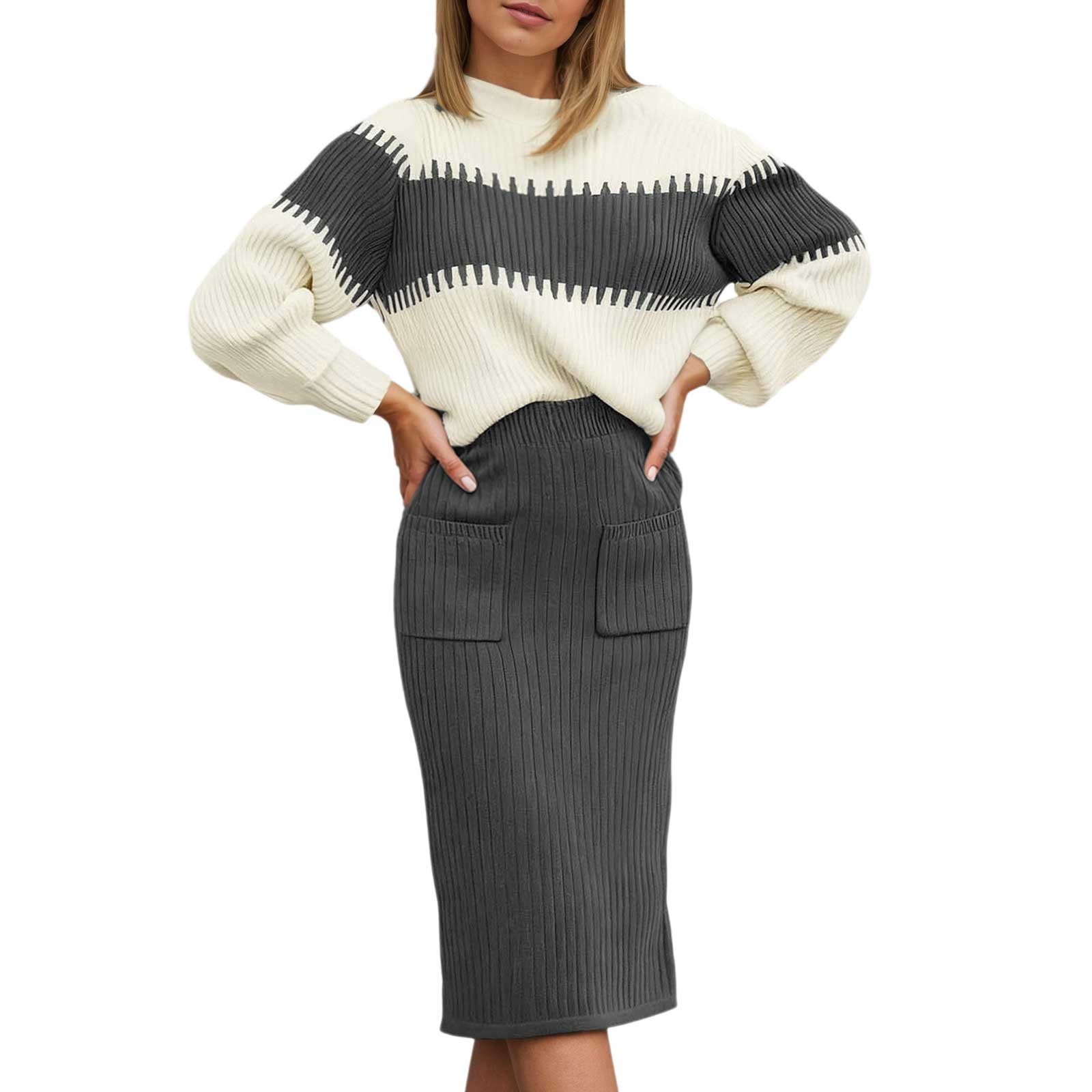 QHFBli Womens 2 Piece Sweater Skirt Sets Color Block Knit Sweater Top ...