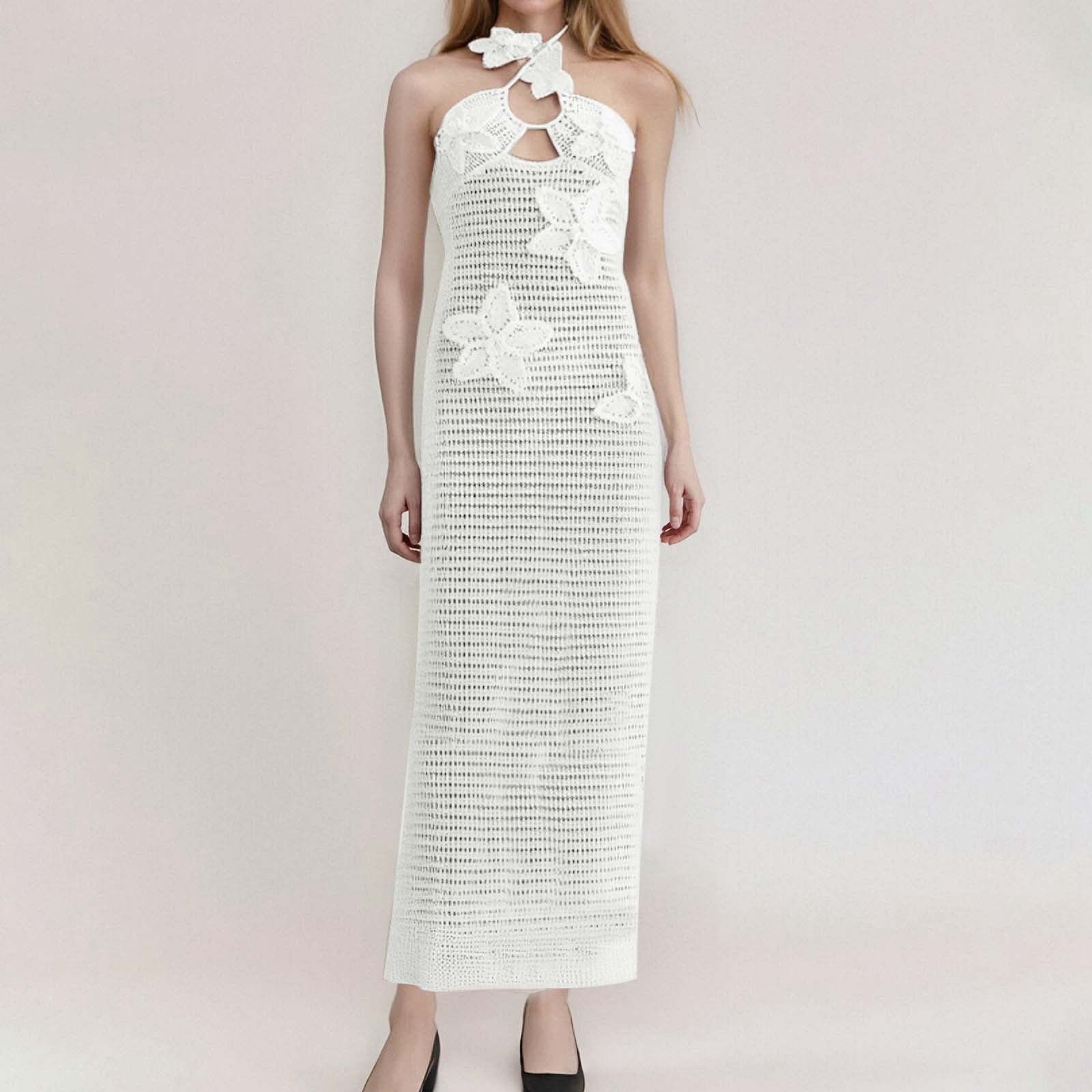 Elegant Knitted Hollow Sleeveless Halterneck Strappy High Waist Slim ...