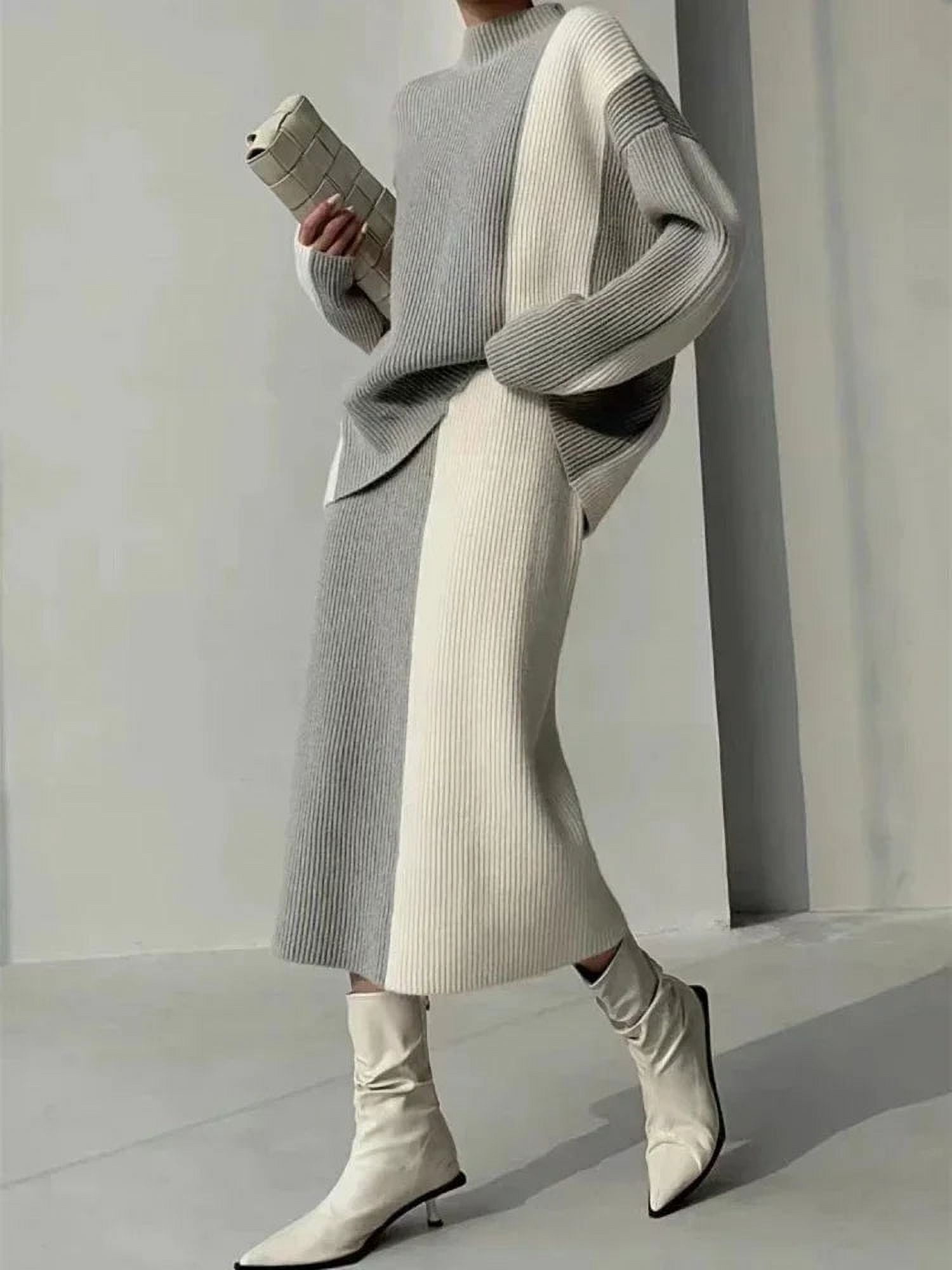 Elegant Knitted Suit Skirt Contrast Turtleneck Long-sleeved Sweater ...