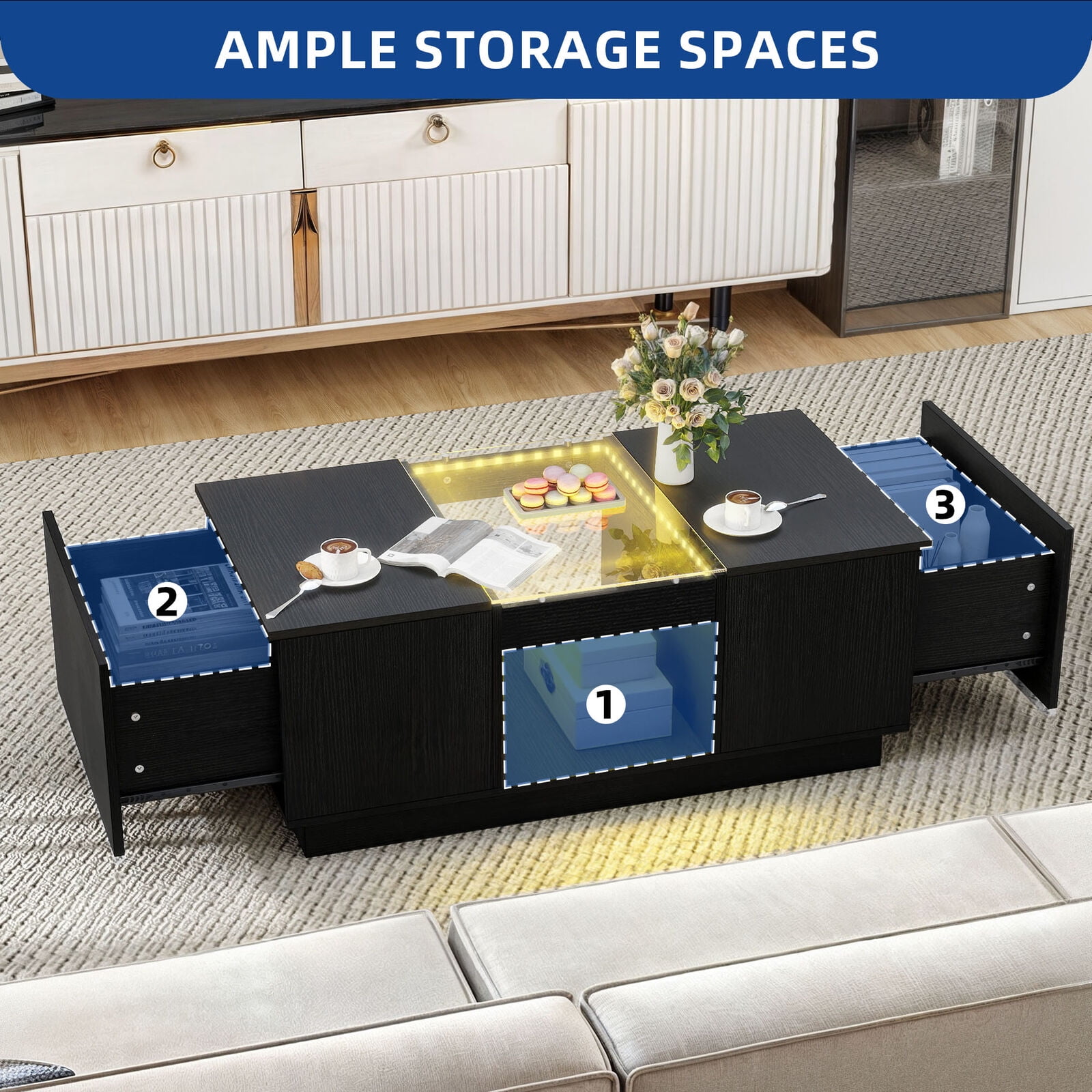 Elegant LED Coffee Tables Rectangle Center Table with Built-In Charging ...