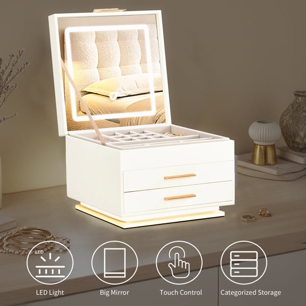 Elegant LED Jewelry Box with 3-Color Mirror Light & Ambient Glow ...
