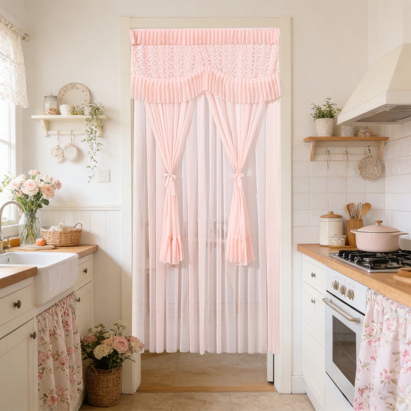 Elegant Lace & Blackout Door Curtain - Vintage Double-Layered Pink or ...