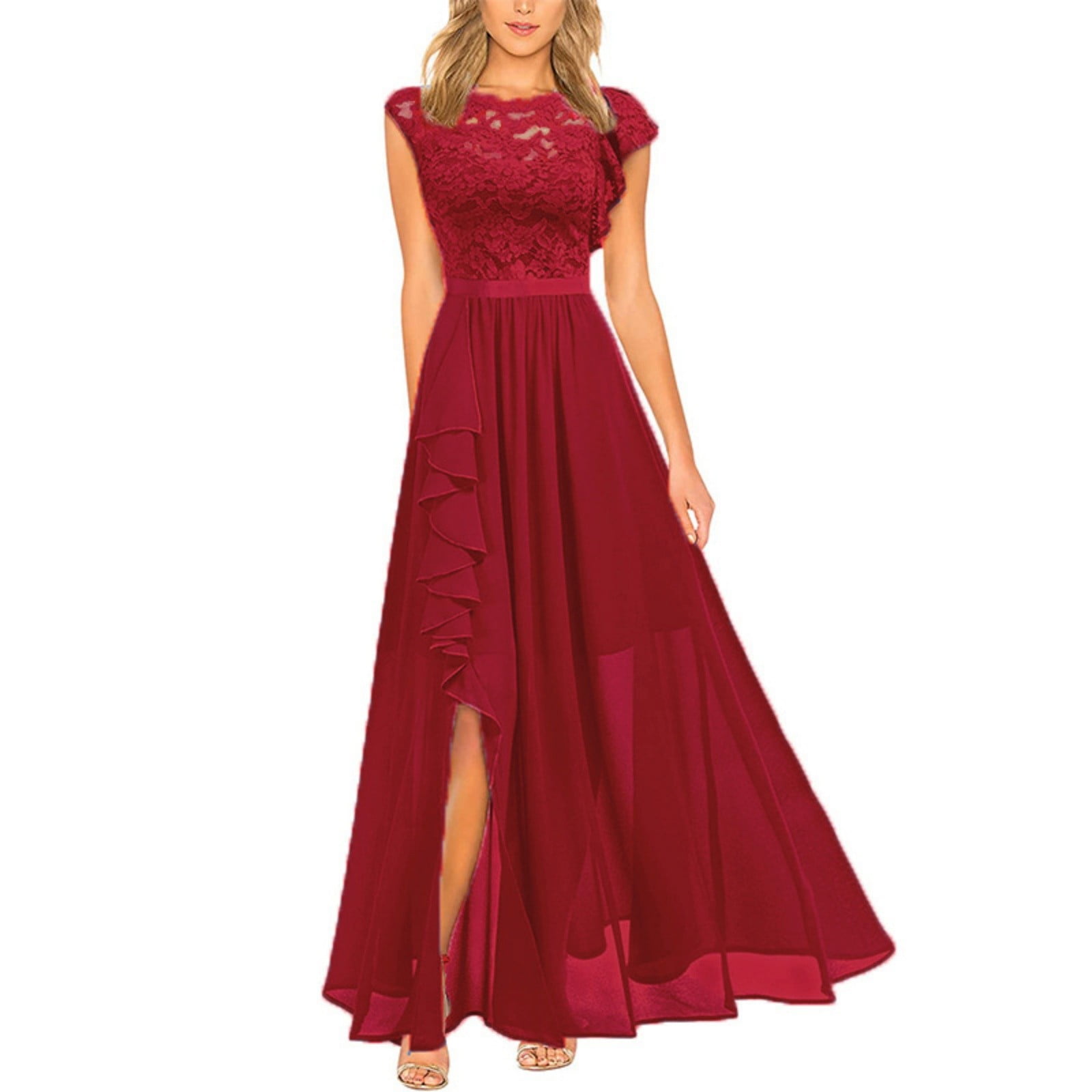 Elegant Lace Evening Gown for Women, Cap Sleeve Long Formal Dress with ...