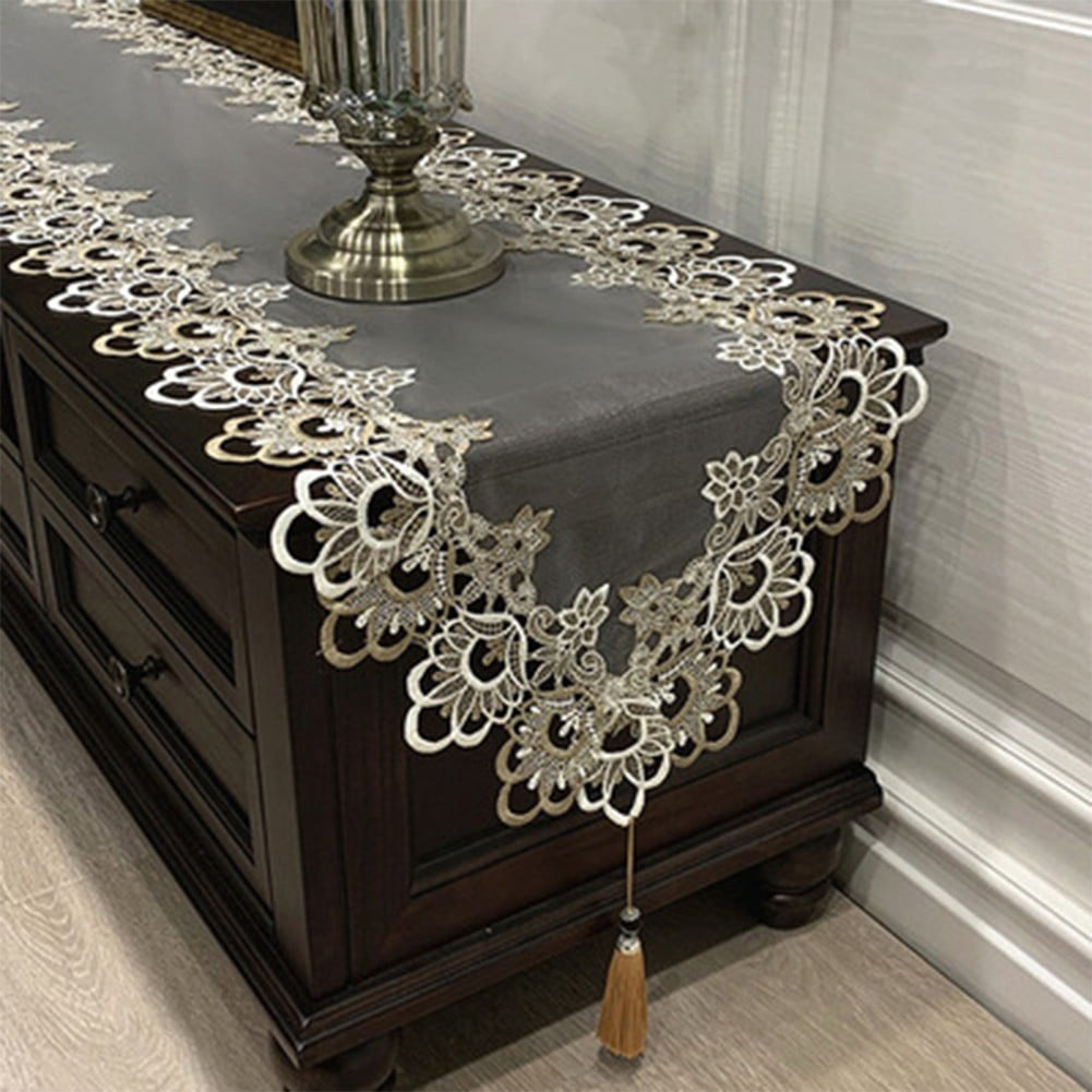 Elegant Lace Table Runner, Vintage Crochet Dresser Scarf, Tassel TV ...