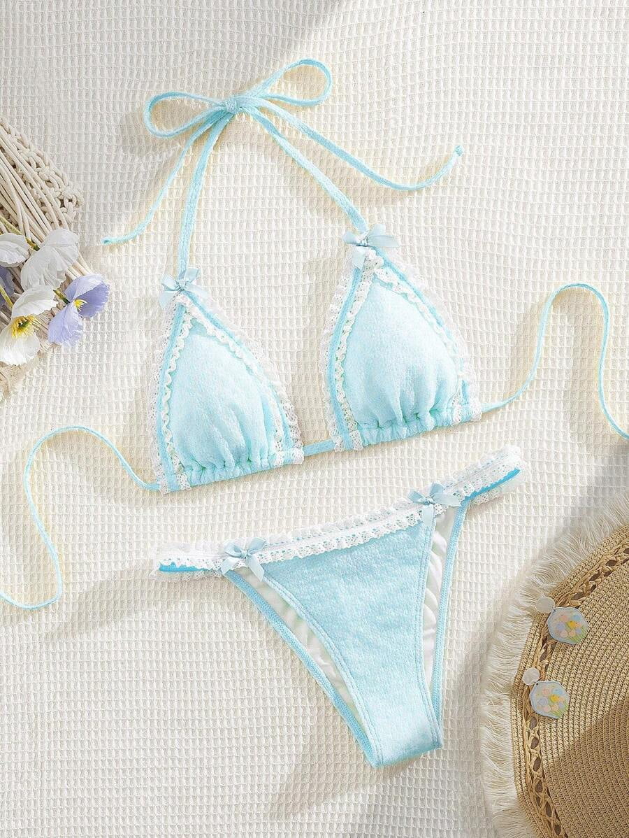Elegant Lace Trim Floral Bikini Set with Bow – Halter Tie Swimwear for ...