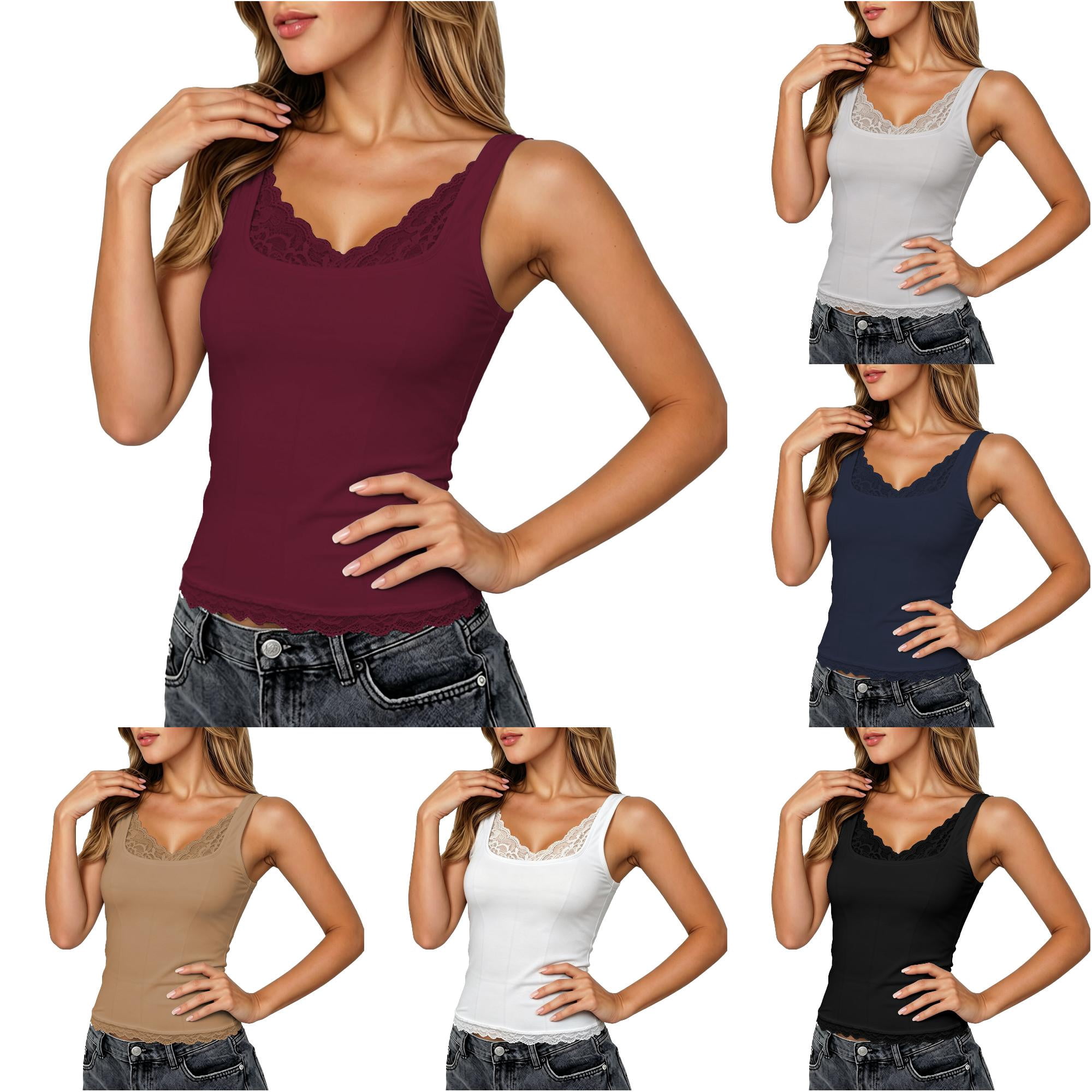 Elegant Lace Trim Top For Soft Solid Tank With Delicate Frill Gathers ...