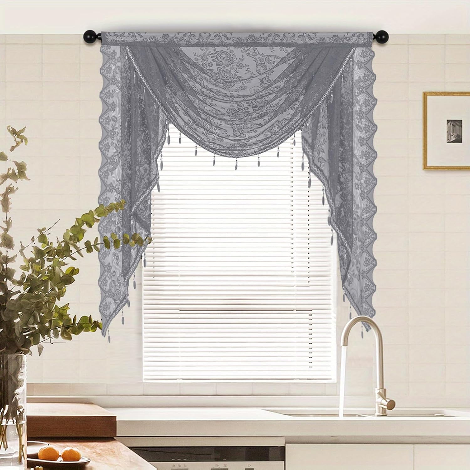 Elegant Lace Waterfall Window Valance with Bead Tassels Floral ...