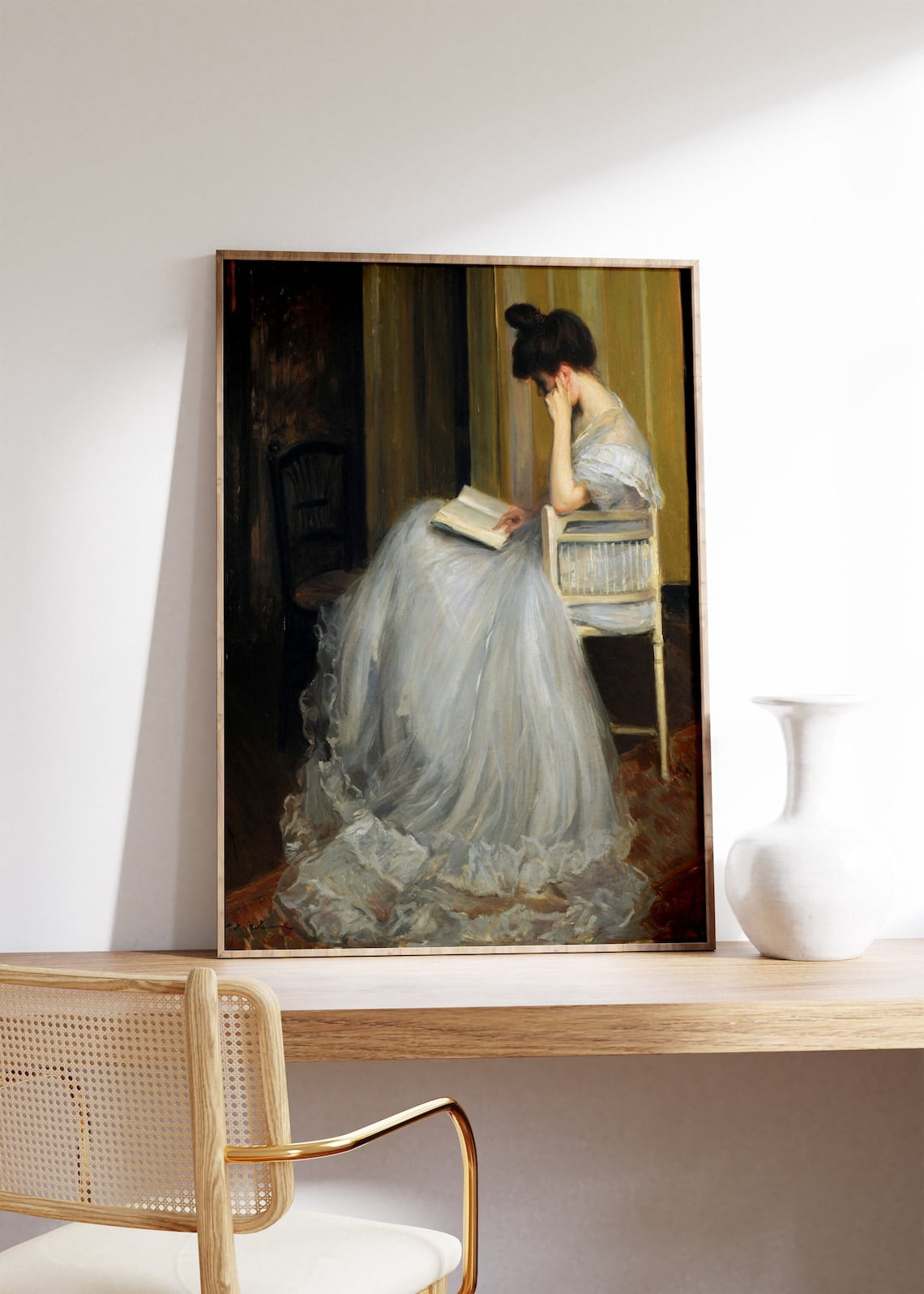 Elegant Lady In White Woman Reading Poster, Stretched Size 16x24 ...
