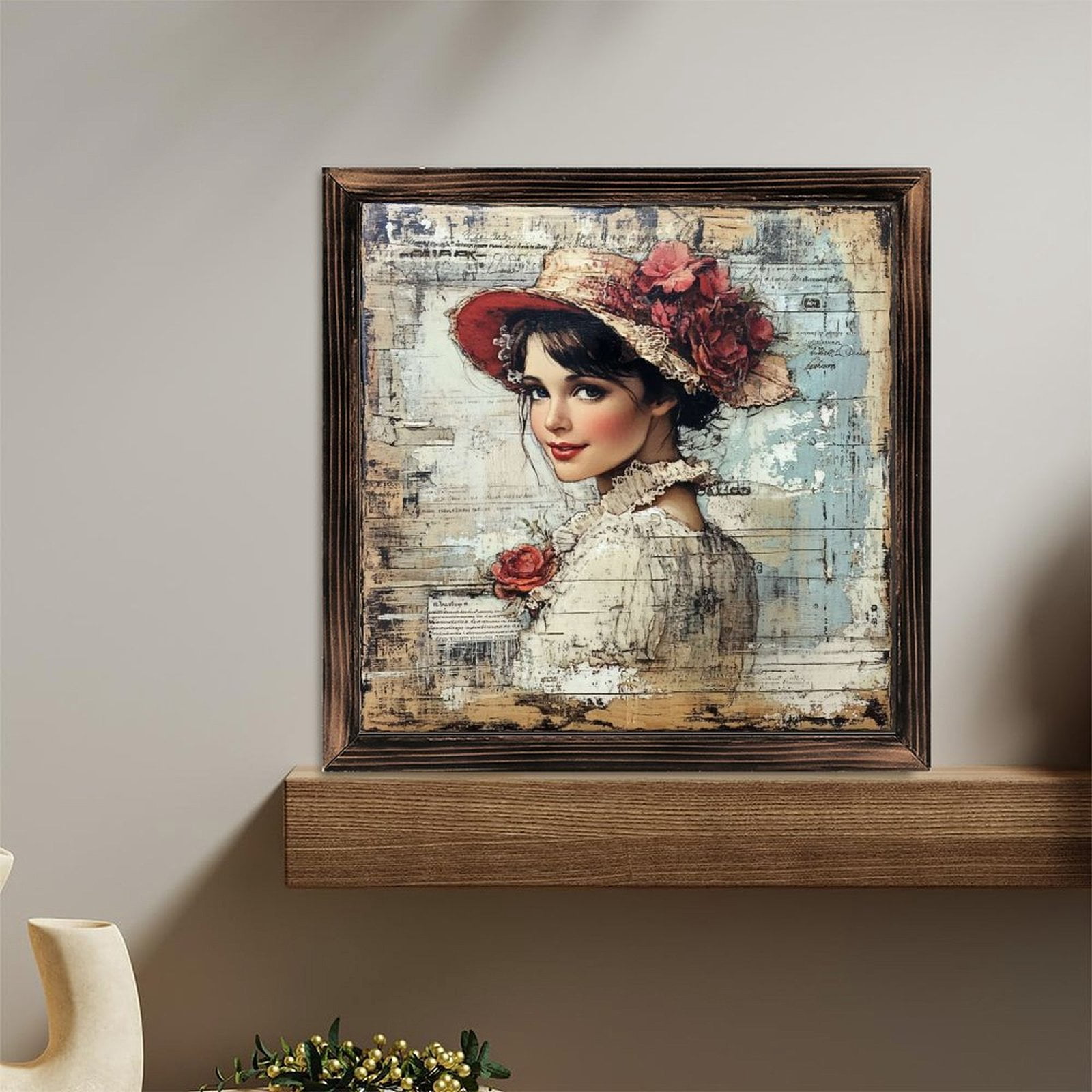 Elegant Lady Red Rose Hat Vintage Wooden Sign Wall Plaque - Vintage Art ...