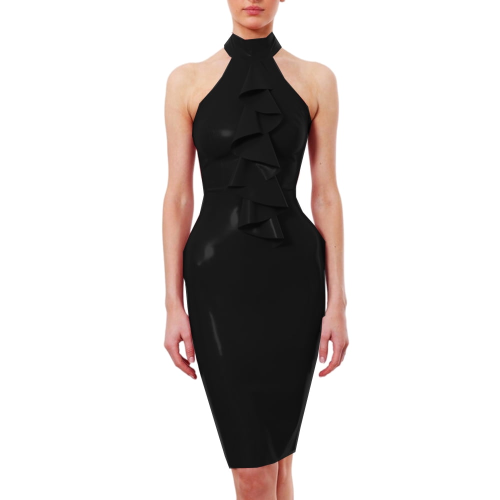 Elegant Lady Sleeveless Backless Ruffle Slim Midi Dress PVC Leather ...