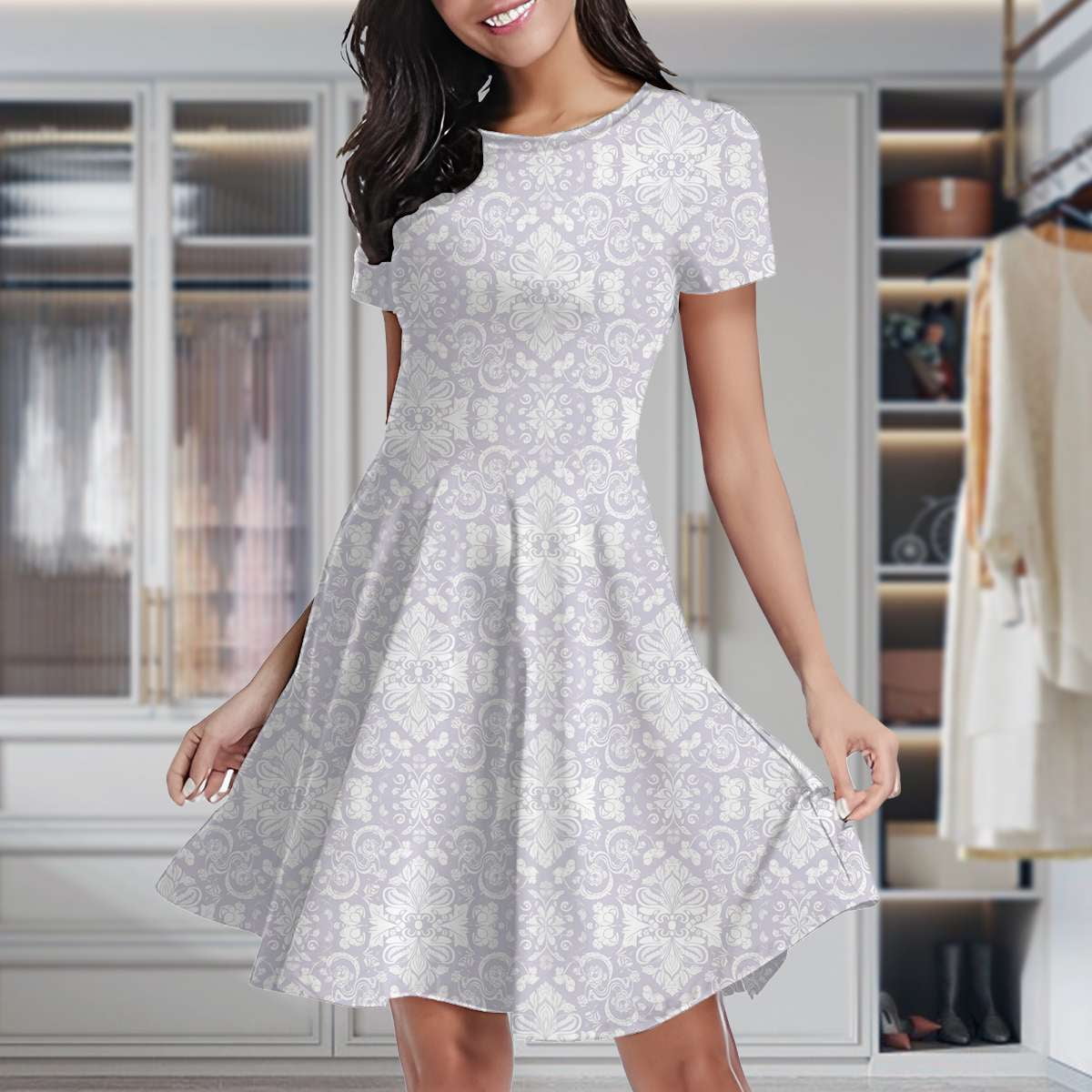 Elegant Lavender Floral Damask Pattern Women's Classic Swing Skater ...
