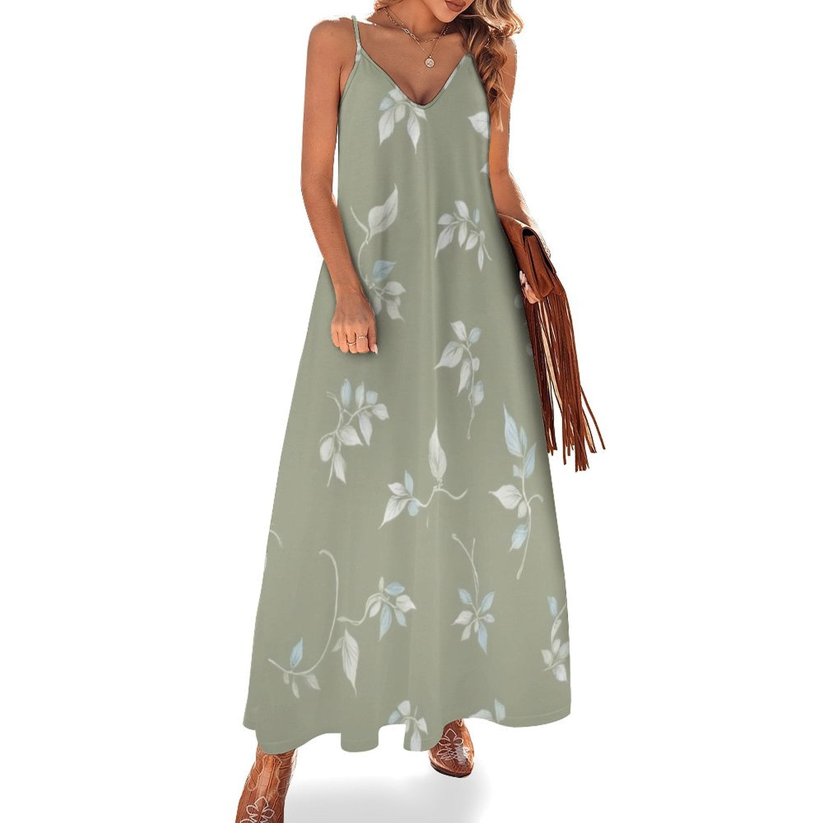 Elegant Leaf Pattern Wallpaper Design Sleeveless Dress Woman Fashion ...
