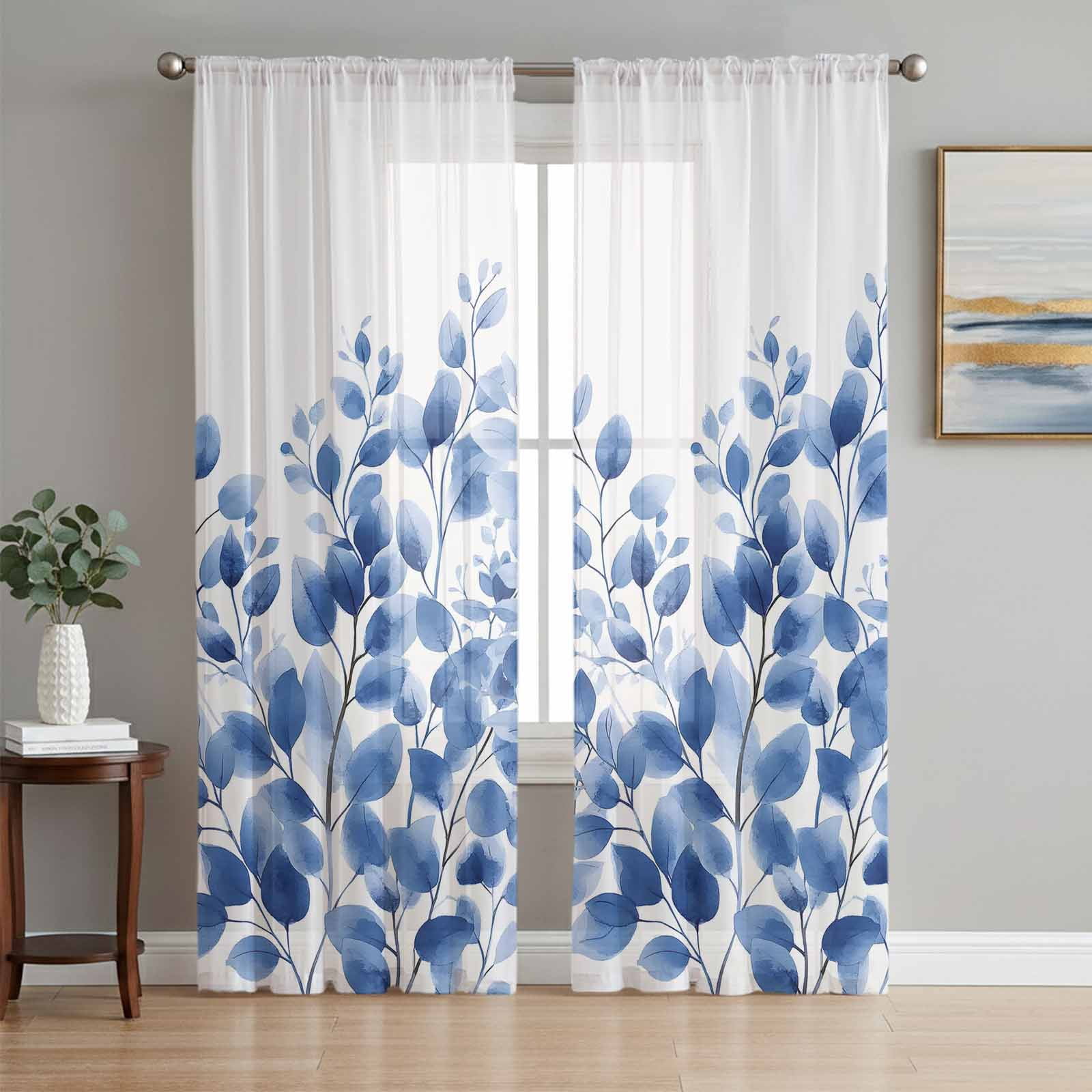 Elegant Leaf Sheer Curtains 96 Inch Length 2 Panels Set, Blue Leaves ...