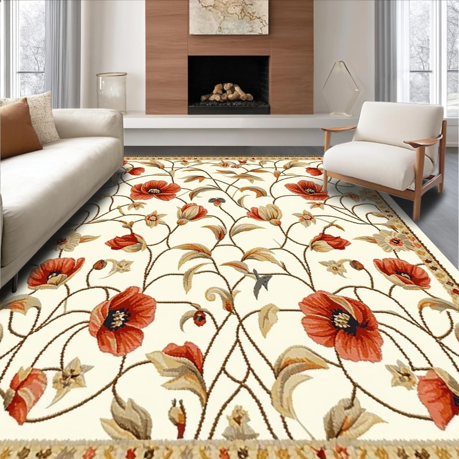 Elegant Leaf Silhouette Floral Pattern Soft Area Rug, Non Slip, Stain ...
