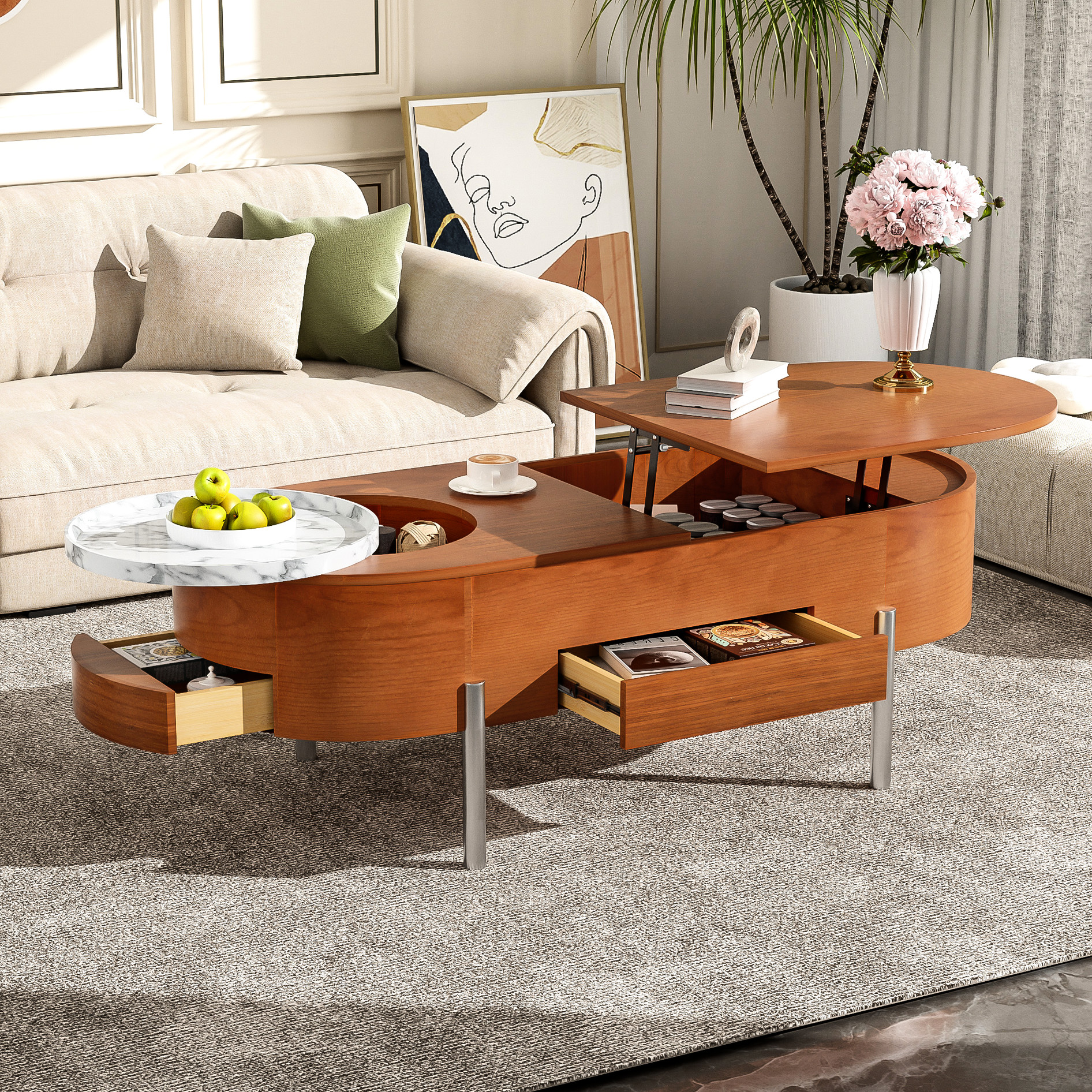 Elegant Lift Table With Hidden Compartment And Rotating Tray For Living ...