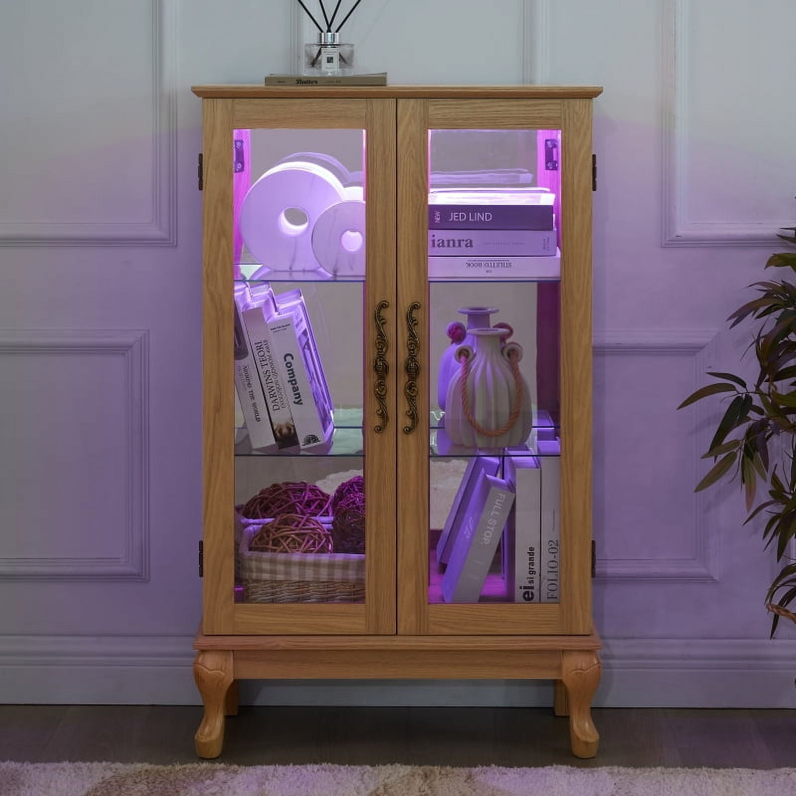 Elegant Light Oak Curio Cabinet with Tempered Glass Doors LED Light ...