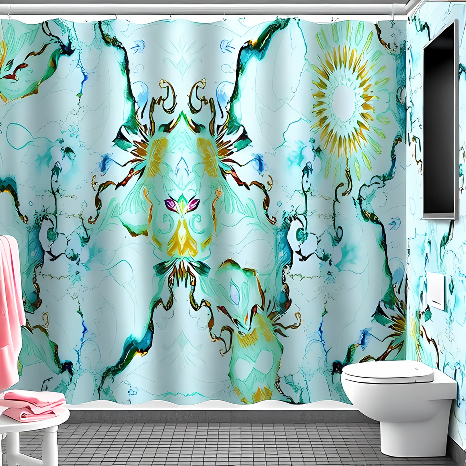 Elegant Light Teal Shower Curtain with Intricate Floral Design - Dreamy ...