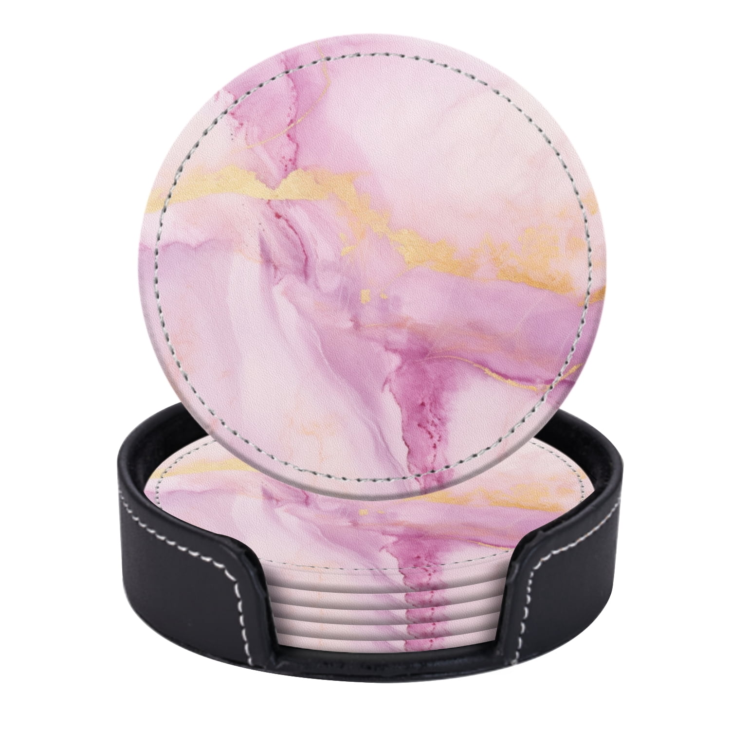 PU Leather Coasters for Drinks Bar Beer,Set of 6 with Holder,Round ...