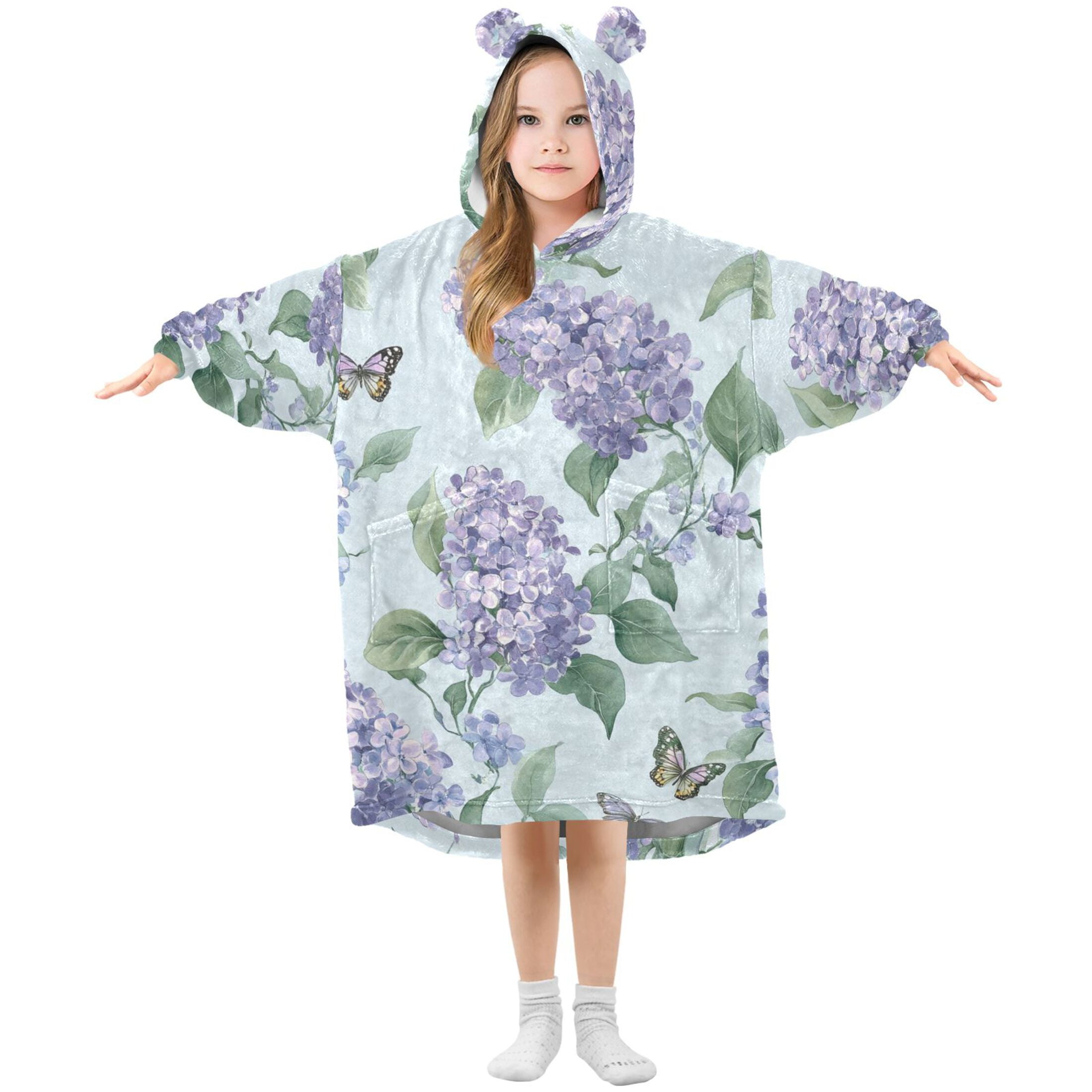Elegant Lilac Flowers with Butterflies Flannel Wearable Blankets Hooded ...