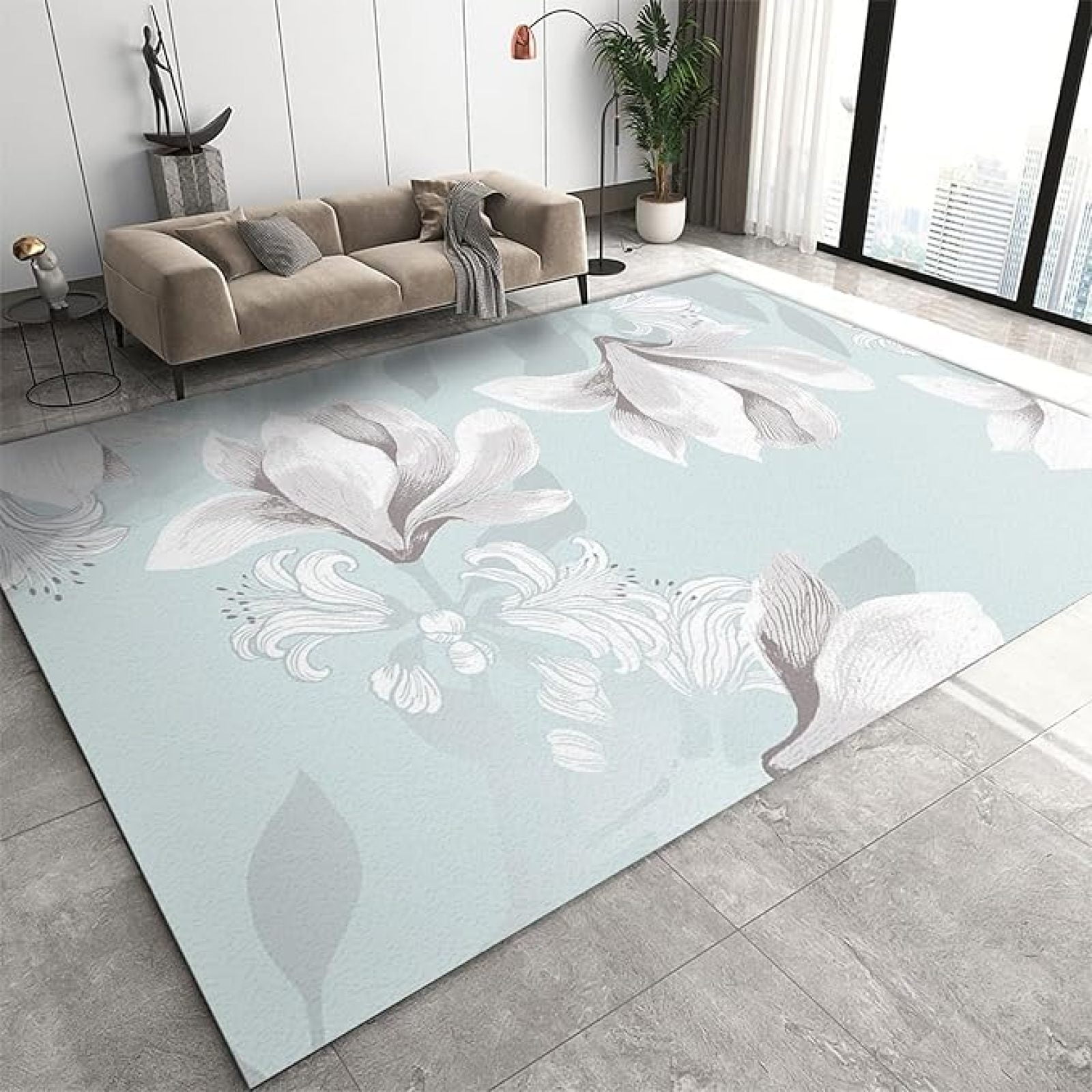 Elegant Lily Area Rug, Simple Flowers Indoor Non Slip Bedroom Rug, Low ...
