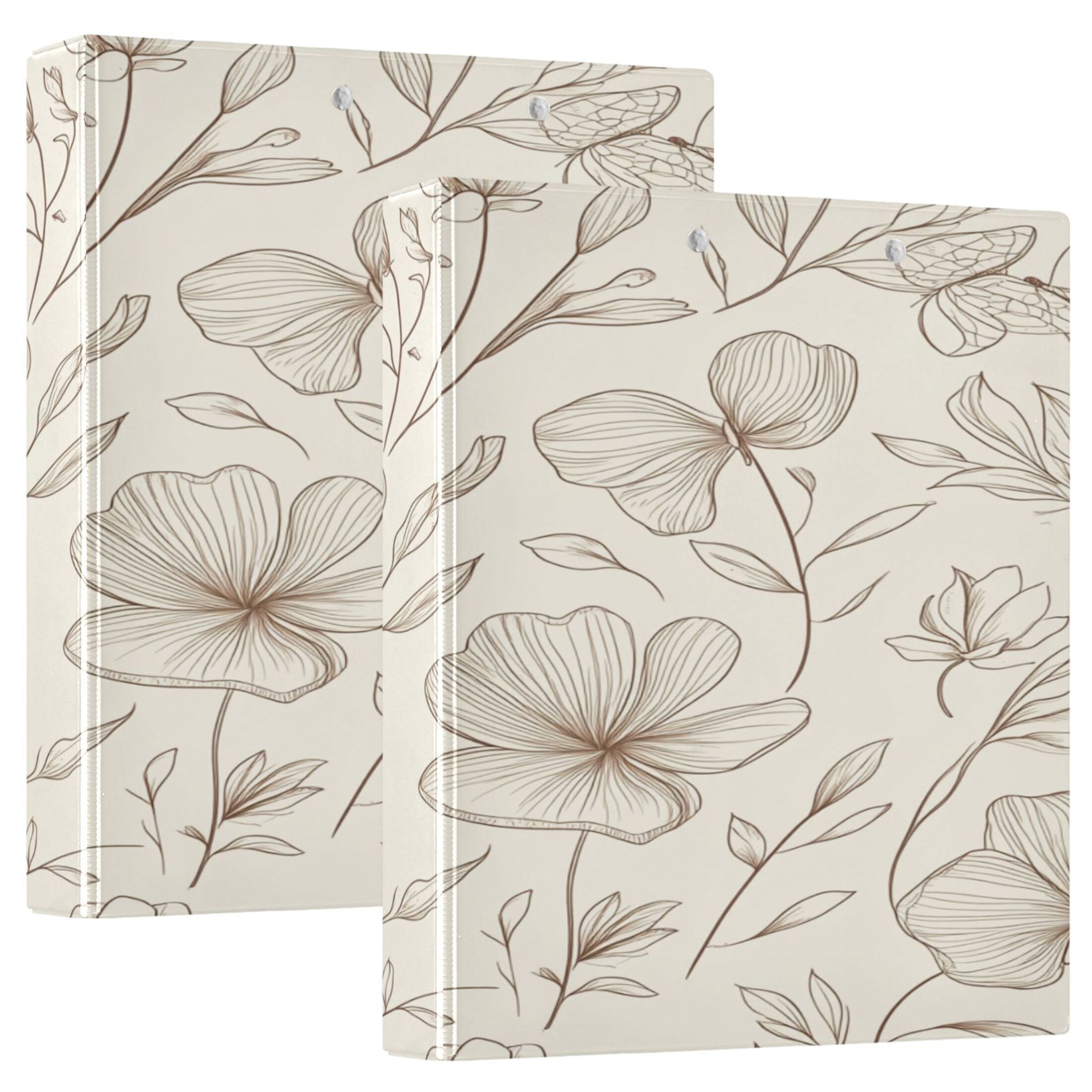 Elegant Line Art Floral Pattern 12.4x10.6in PVC Round Ring Binders, 2 ...