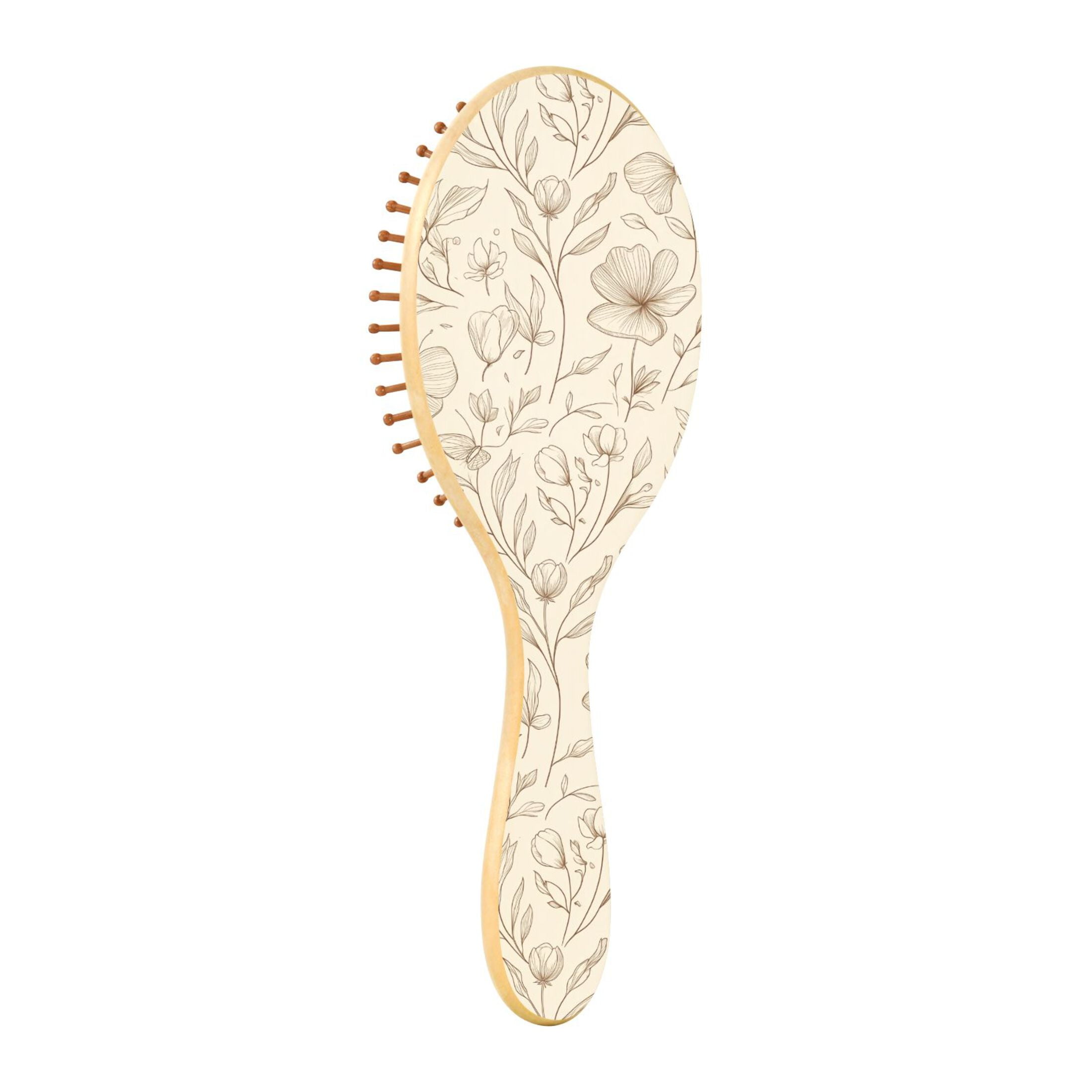 Elegant Line Art Floral Pattern Natural Wooden Hair Brush with Cushion ...