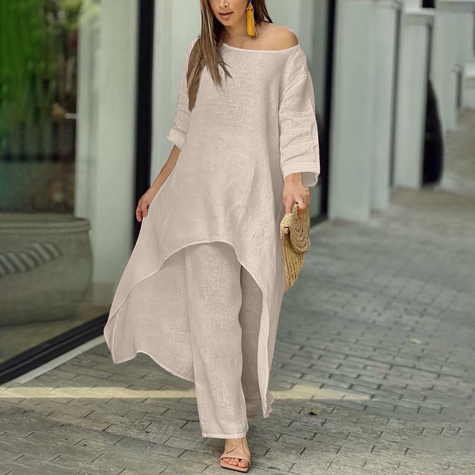 Elegant Linen Blend Irregular Hem Long Sleeve Set & Wide Leg Pants Plus ...
