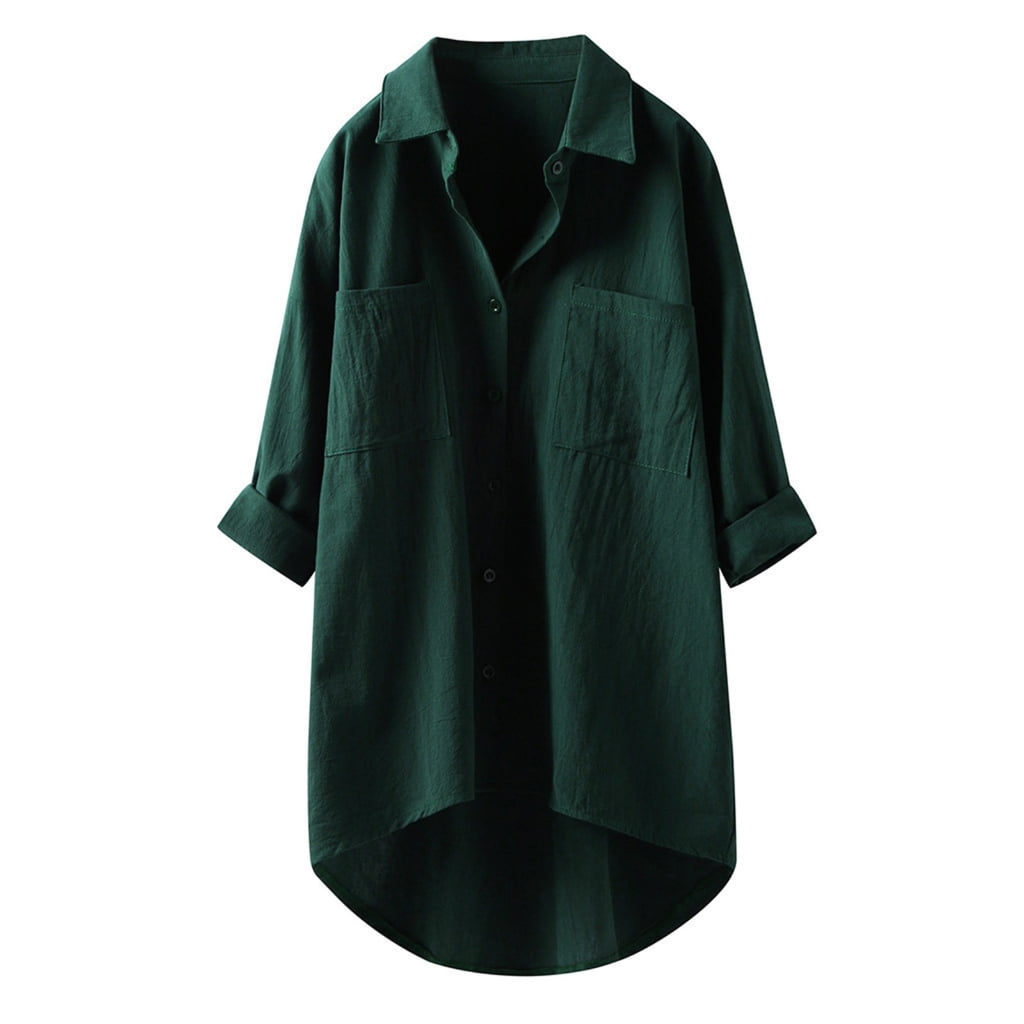 Elegant Linen Cotton High Low Blouse With V Neck Long Sleeve Button ...