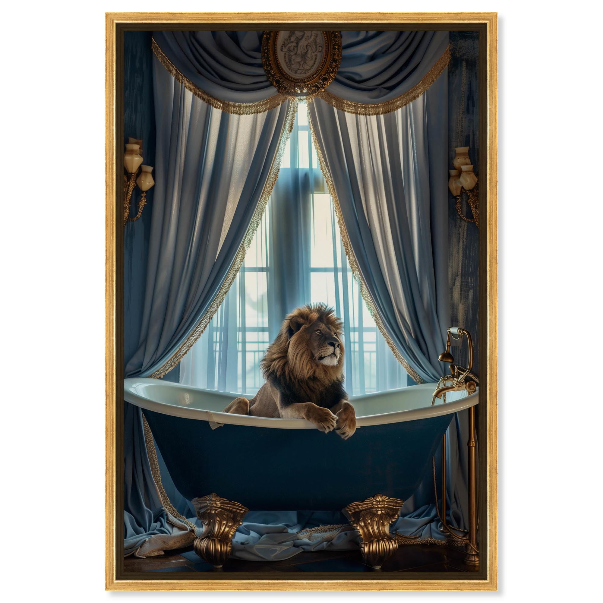 Elegant Lion Bath Canvas Trendy Bathroom Art by Notoriart, Gold Frame ...