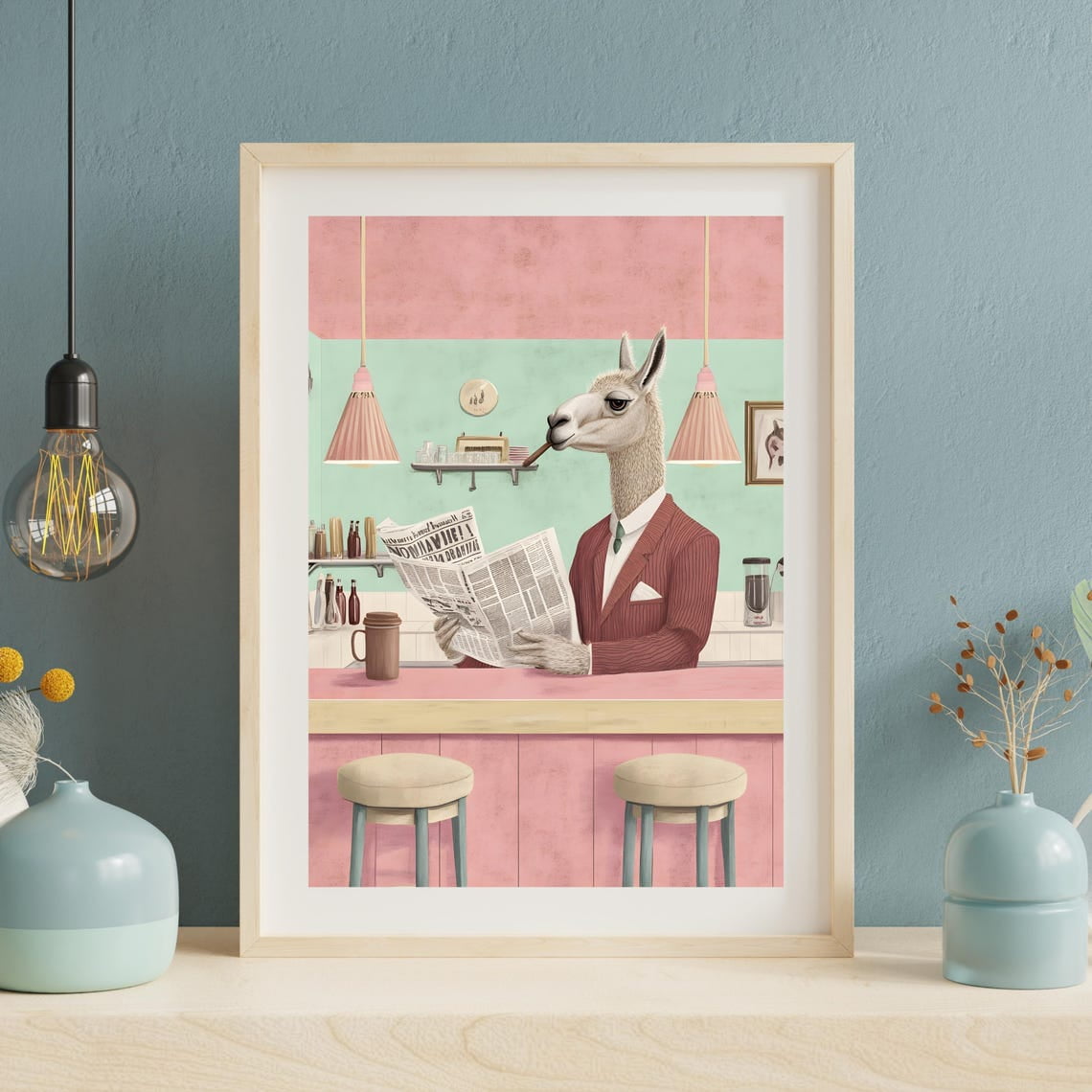 Elegant Llama Reading Newspaper Art, Quirky Llamavintage Llama Decor ...