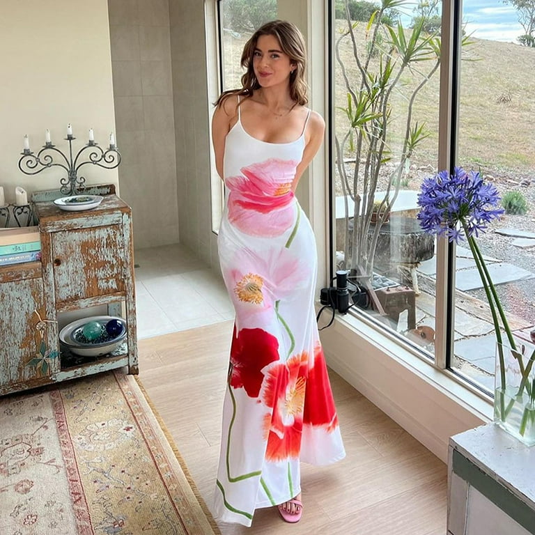 Elegant Long Beach Dress Women Sexy Backless Holiday Outfits Summer Spaghetti Strap Flower Print Slim Bohemian Dresses 2024 New Walmart