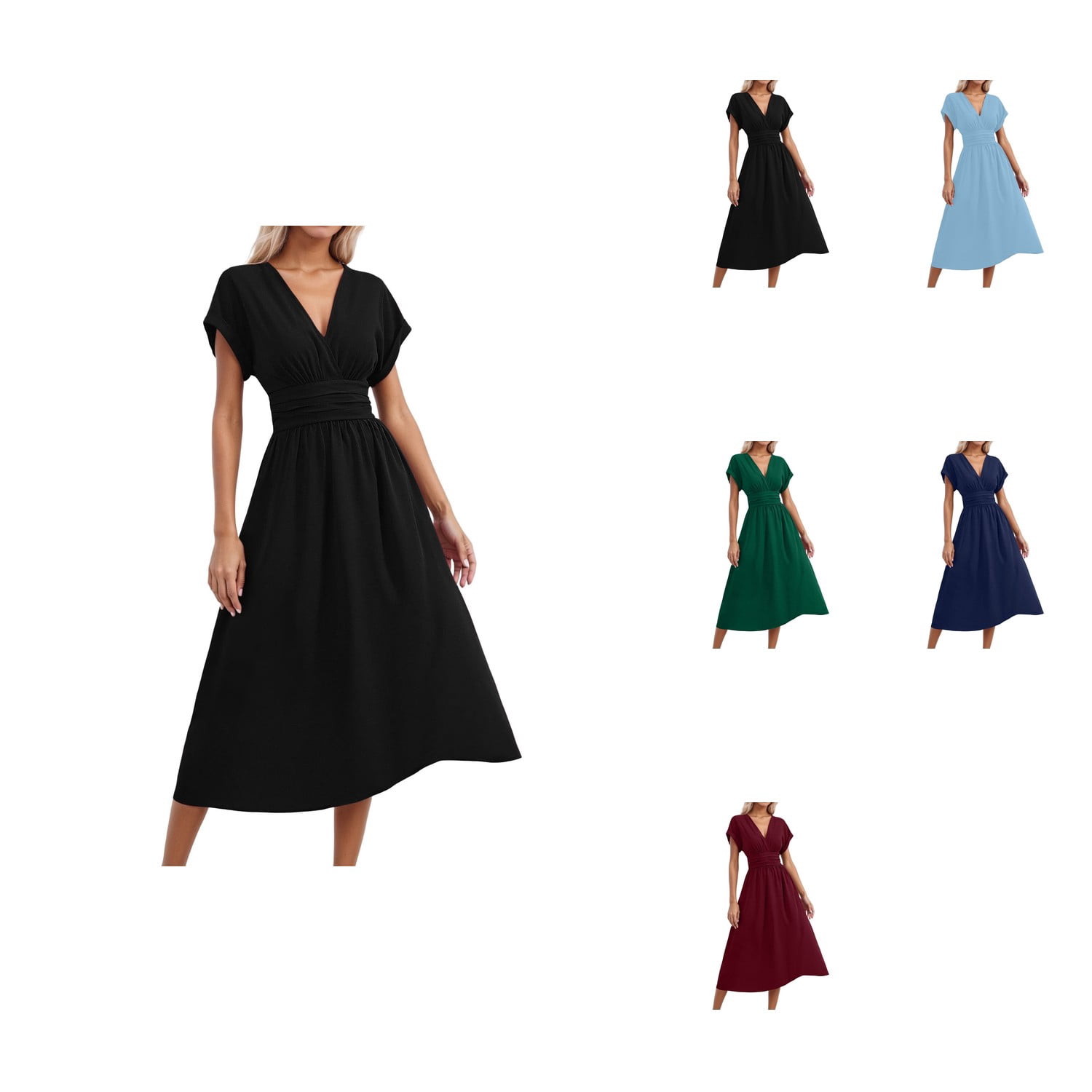 Elegant Long Casual Dress with Overlap Neckline, Batwing Sleeves, and ...