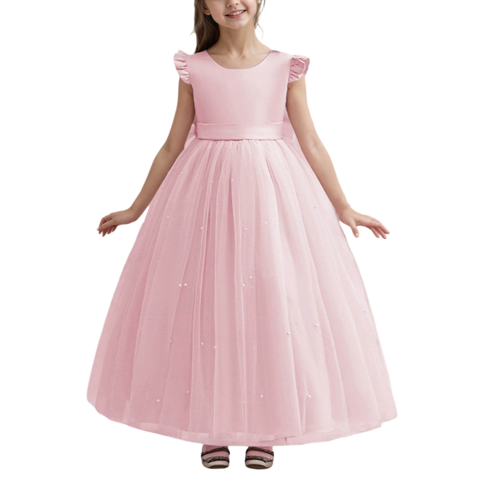 Elegant Long Girls Formal Dress With Bow And Beaded For Birthday Party ...
