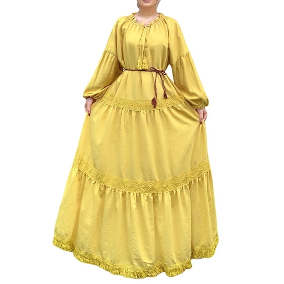 Elegant Long Maxi Dress Featuring Decorative Fringe Belt Lace Inserts ...