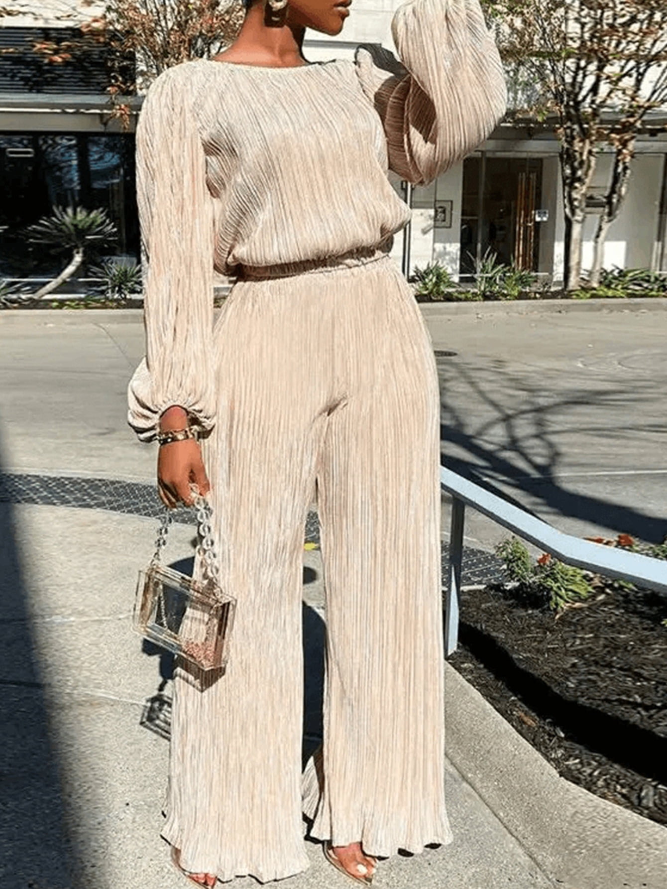 Elegant Long Sleeve Casual Top Pant Matching Set (M, FrostedAlmondBrown ...