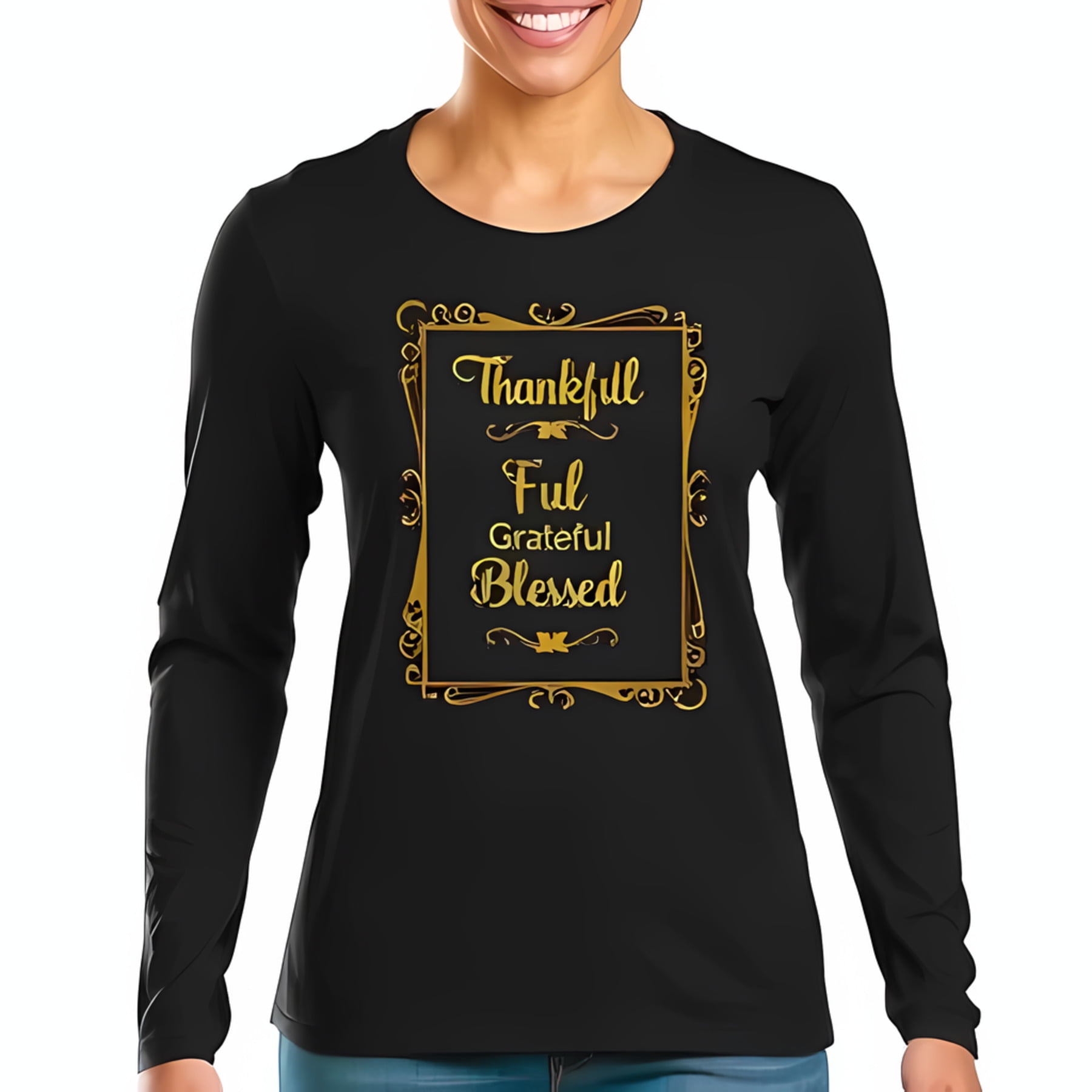 Elegant Long Sleeve T-Shirt with Gold Ornate Design Featuring 'Thankful Grateful Blessed ...