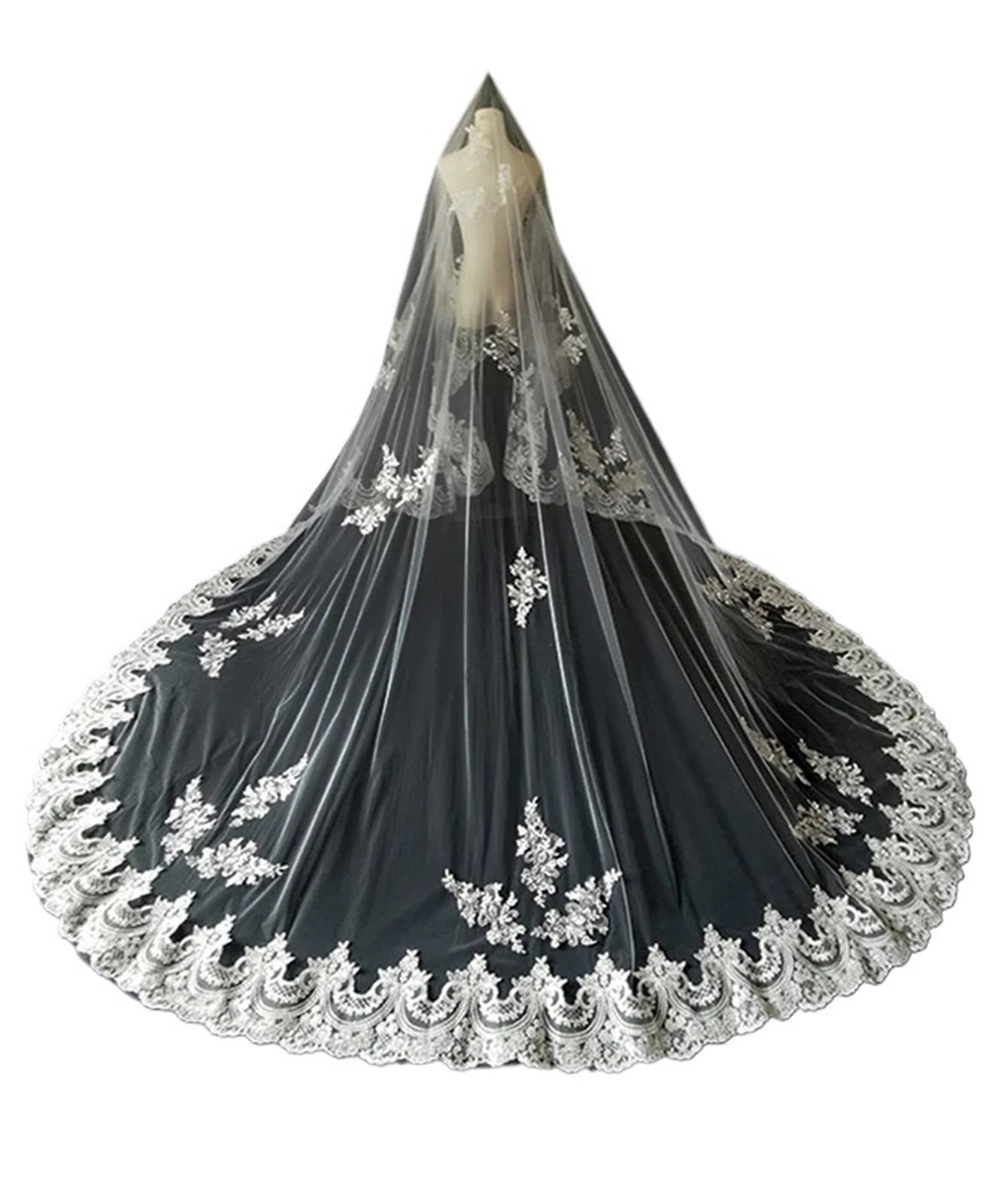 Elegant Long Wedding Bridal Veil with Appliqué Edge - Cathedral Length ...