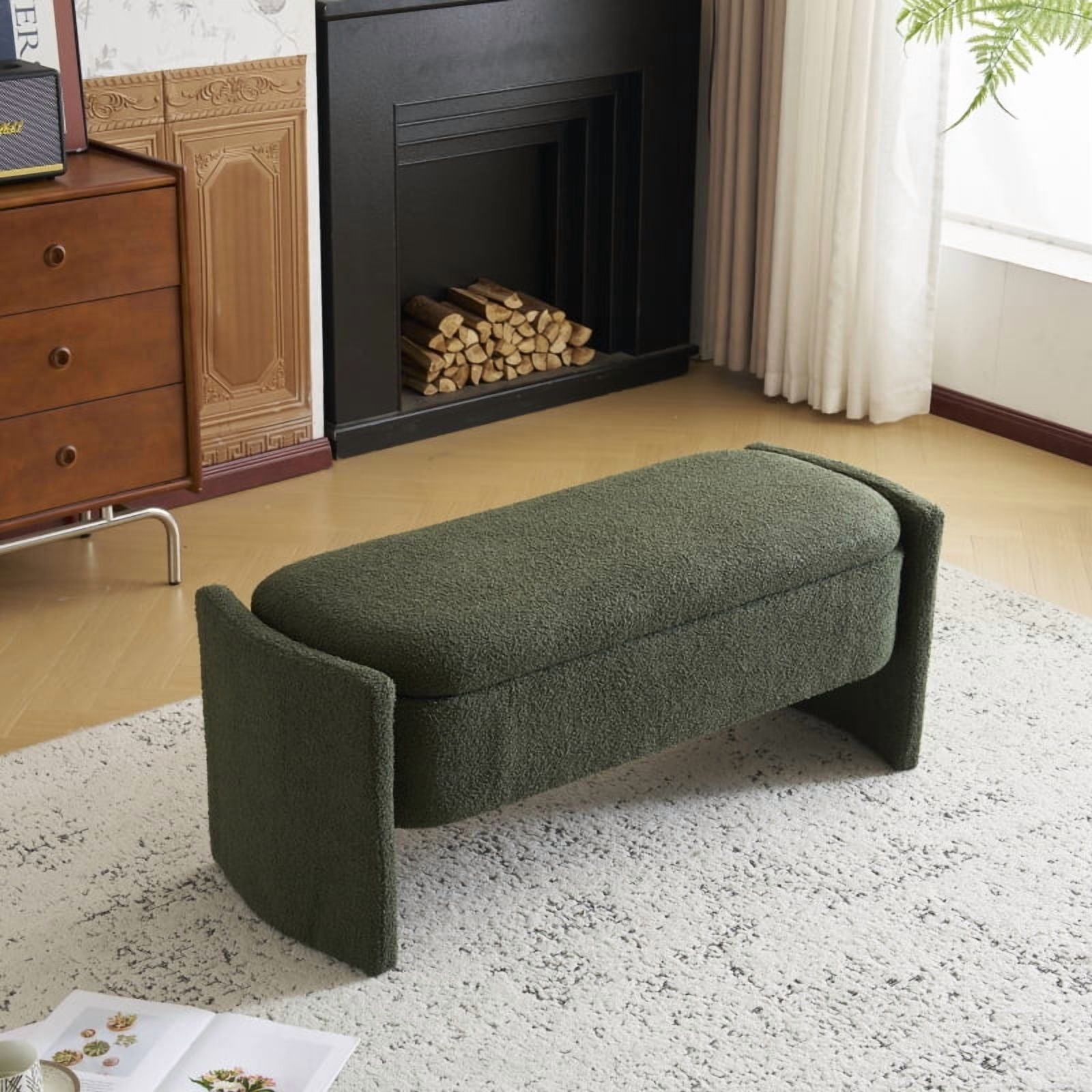 Elegant Long - shaped Storage Ottoman Bench of boucle material with ...