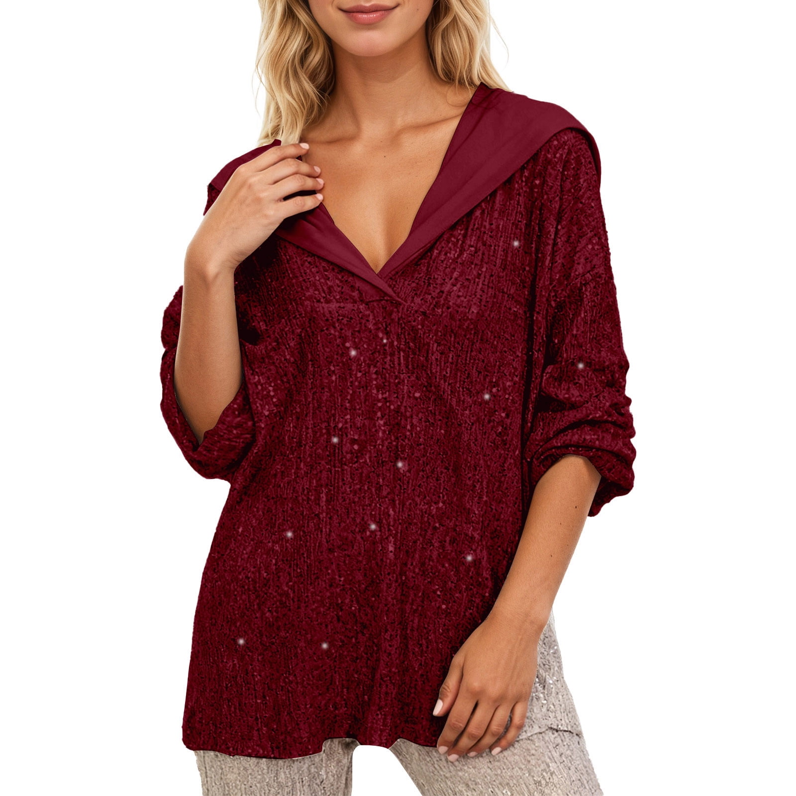 Elegant Loose Fit Drop Shoulder Casual Pullover Hoodie with Sparkling ...