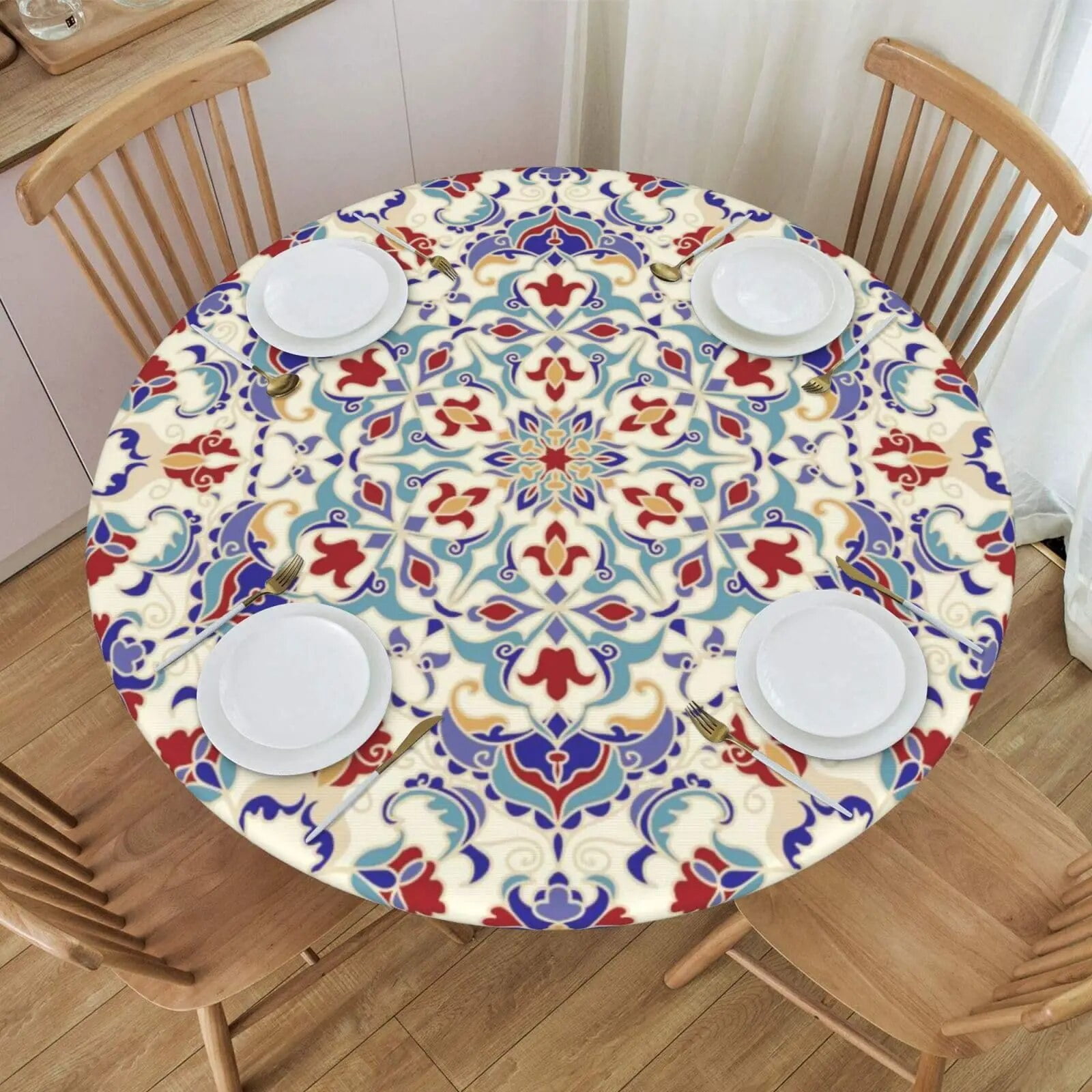 Elegant Mandala Round Fitted Tablecloth Elastic Table Cover Waterproof ...