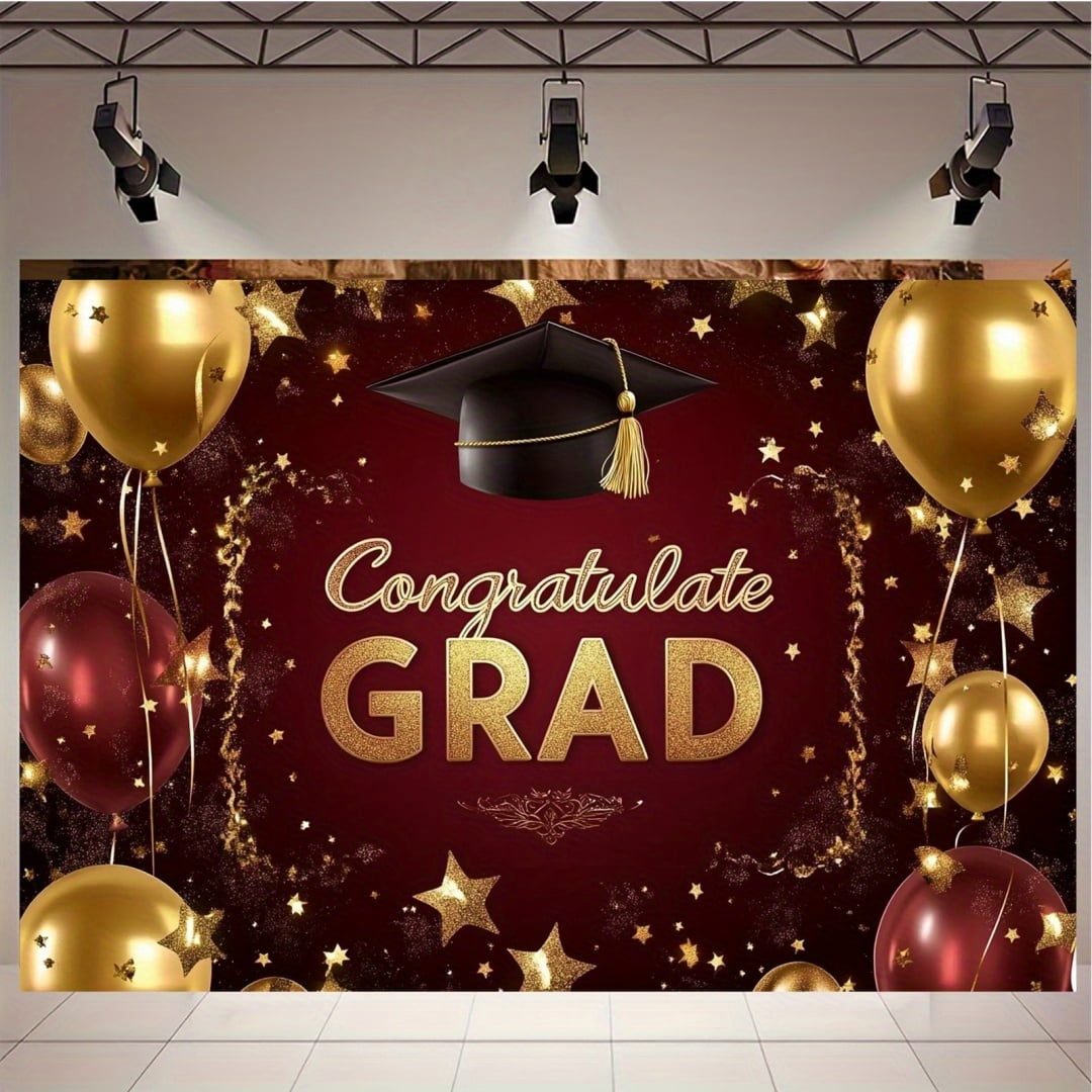 Elegant Maroon & Golden "Congrats GRAD" Polyester Graduation Banner ...