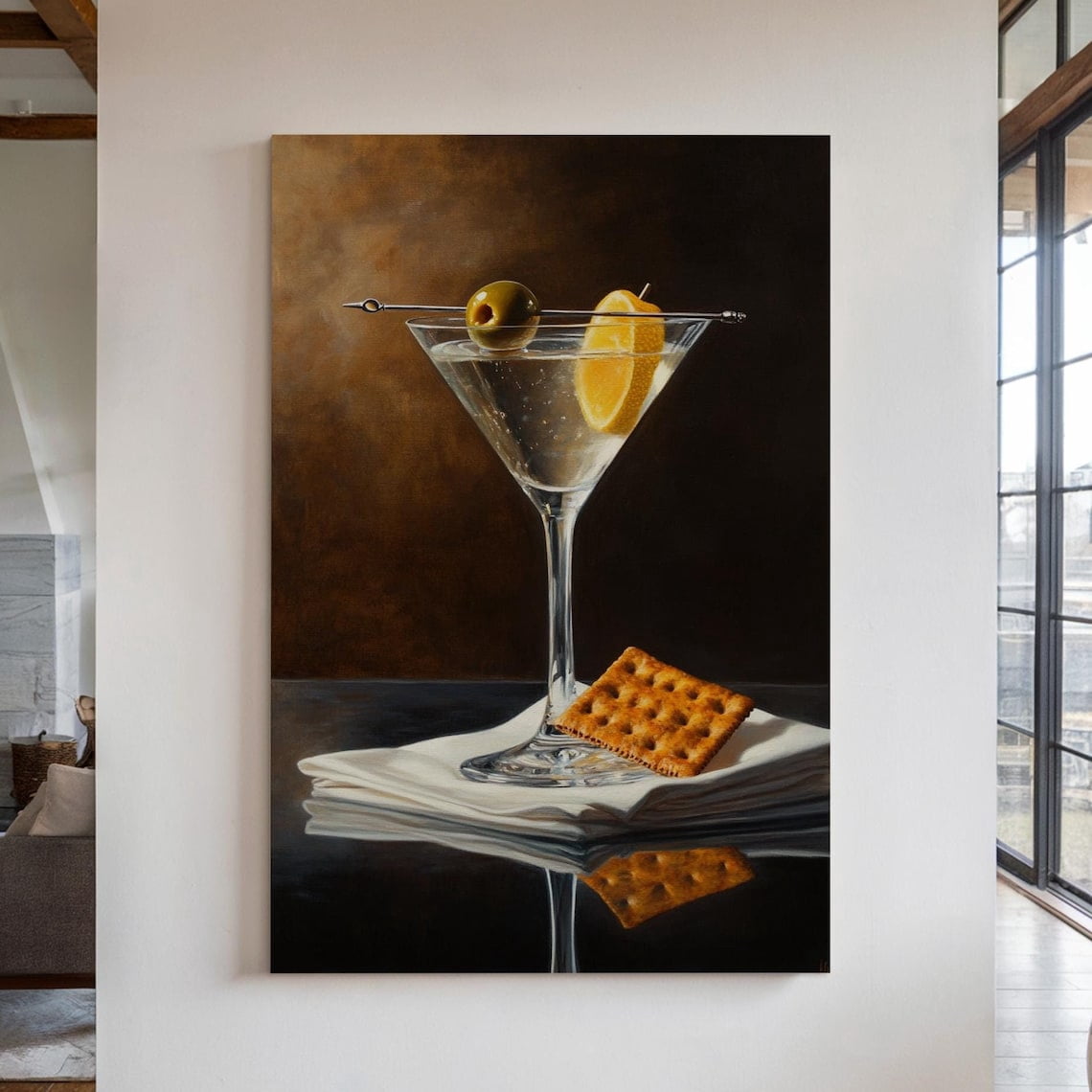 Elegant Martini Still Life Artwork With Olive, Lemon Slice, And Cracker ...
