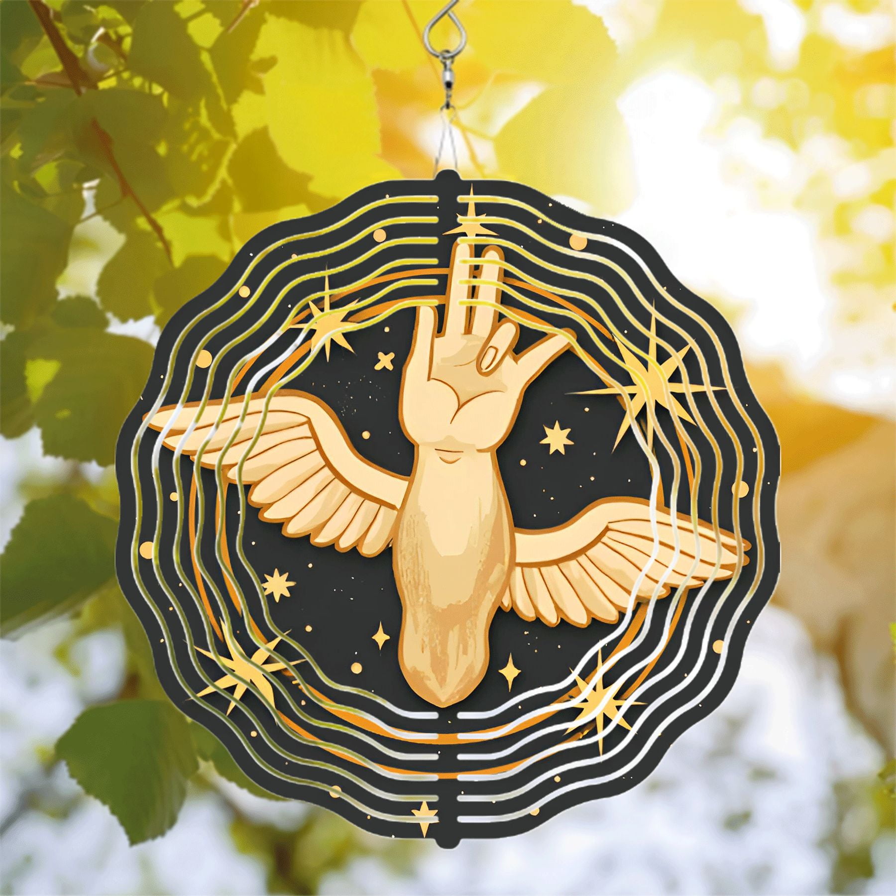 Elegant Metal Hanging Wind Spinner with Celestial Wave Design - Golden ...