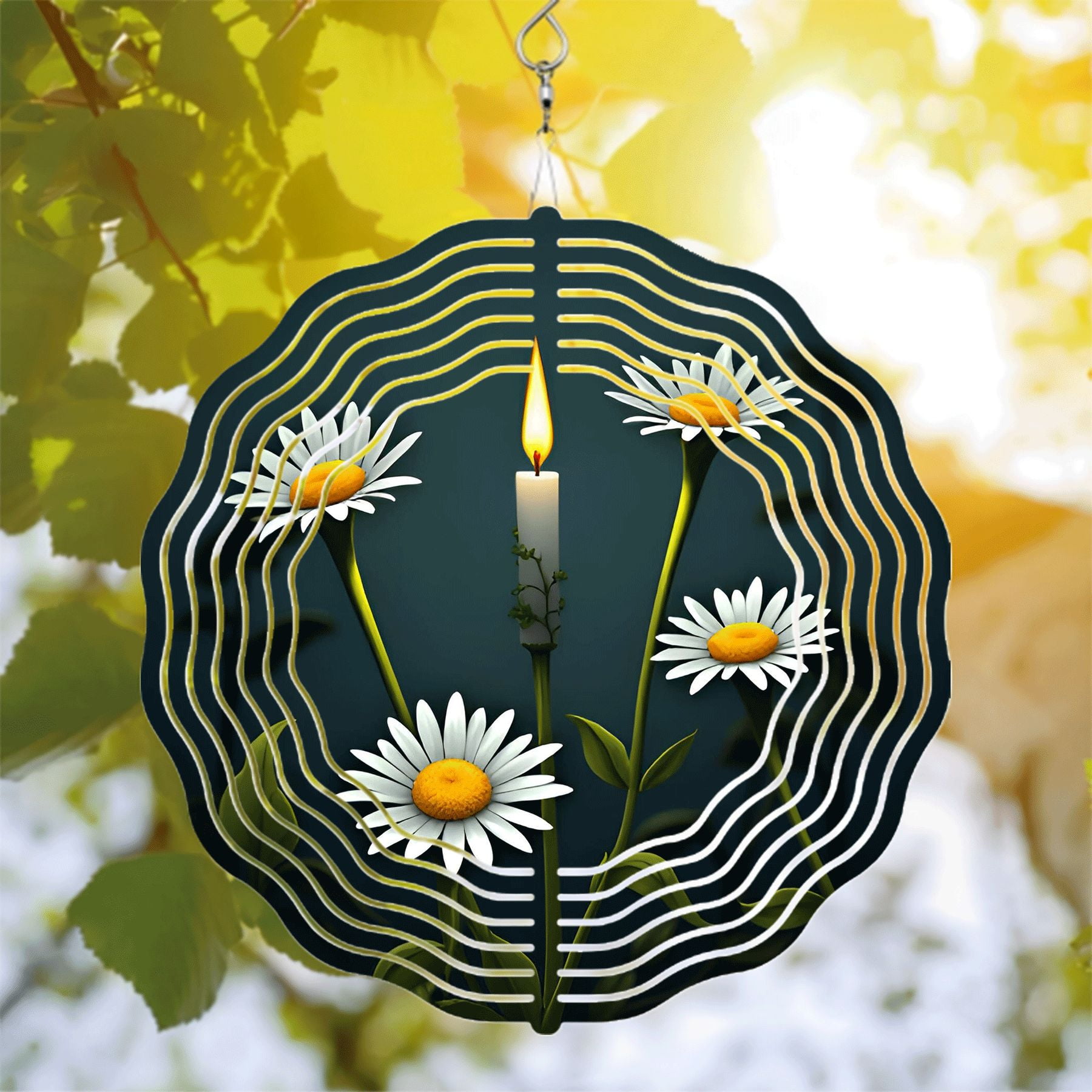 Elegant Metal Hanging Wind Spinner with Daisies and Candle Design ...