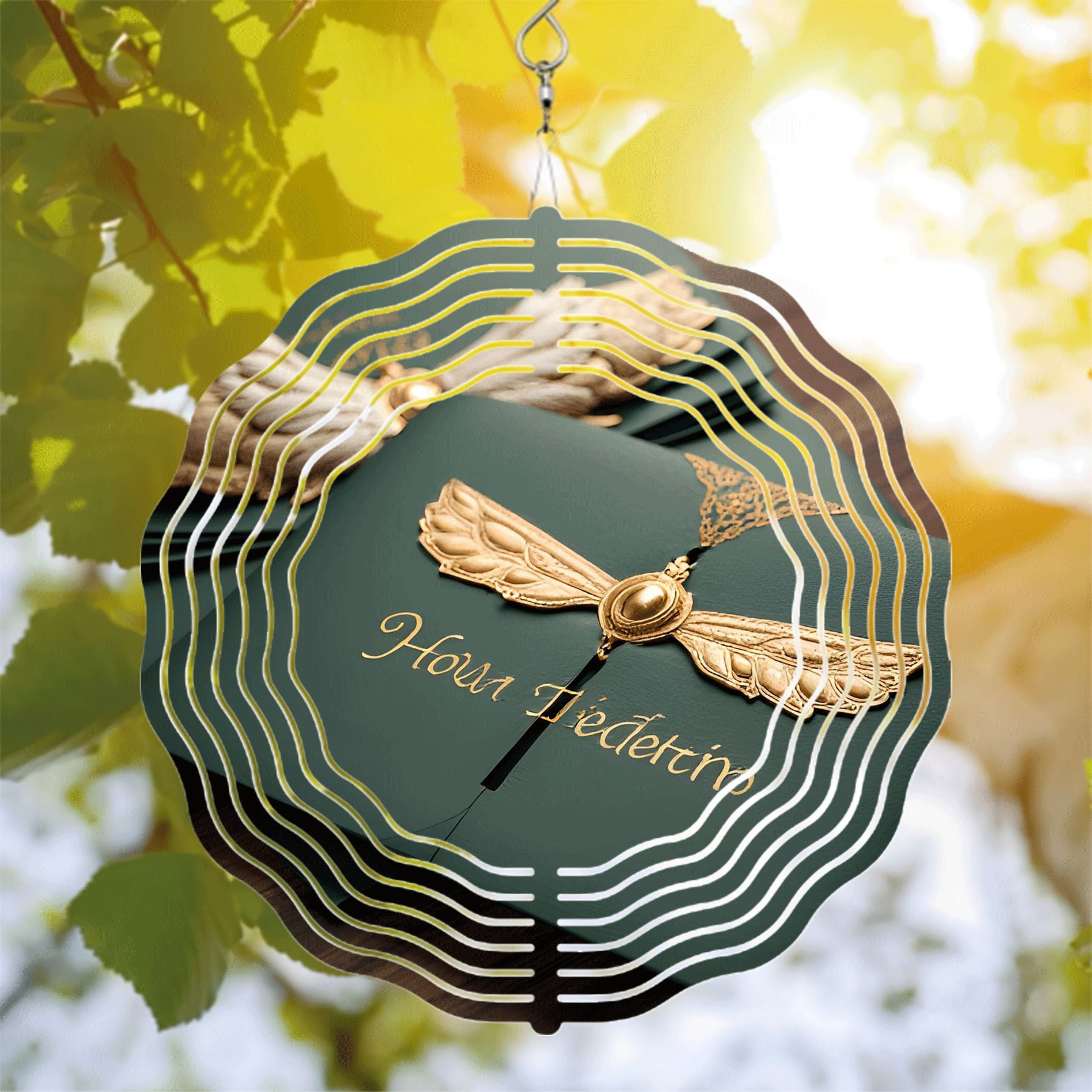 Elegant Metal Hanging Wind Spinner with Golden Emblem Center and Wave ...