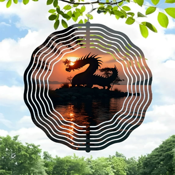 Elegant Metal Hanging Wind Spinners with Dragon Silhouette & Ripple ...