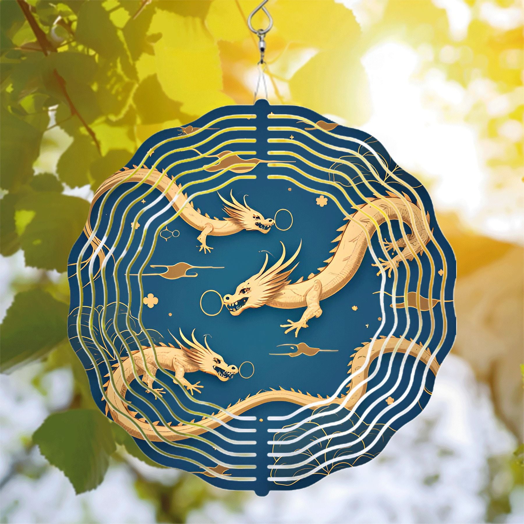 Elegant Metal Hanging Wind Spinners with Intertwined Golden Dragons ...